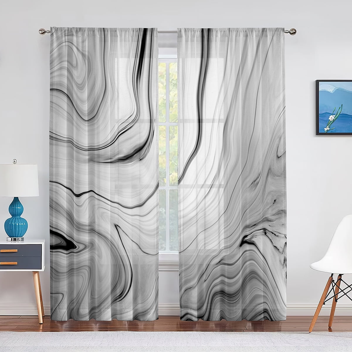 Navy Blue Marble Sheer Voile Curtain for Living Room Bedroom Kitchen ...