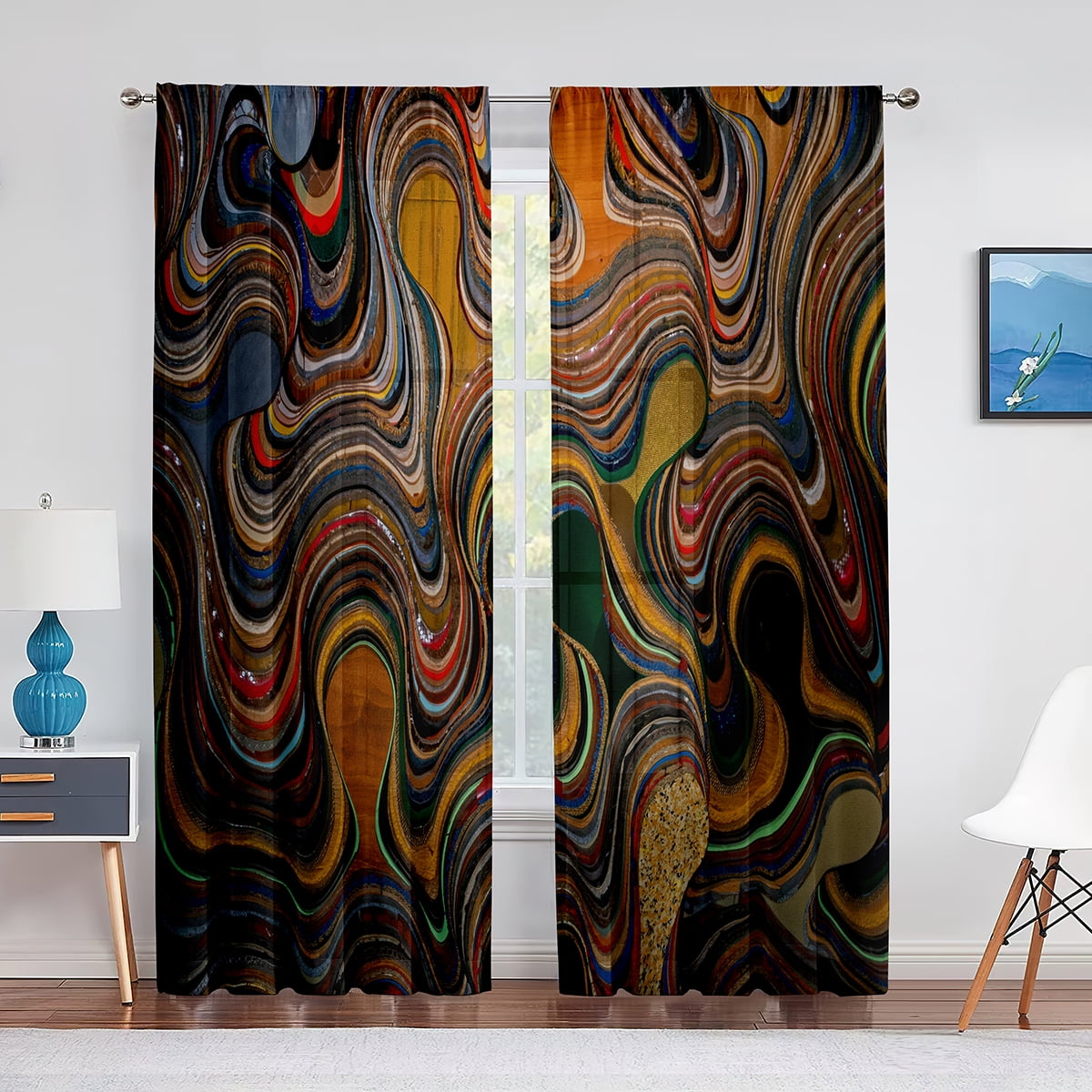 Navy Blue Marble Sheer Voile Curtain for Living Room Bedroom Kitchen ...