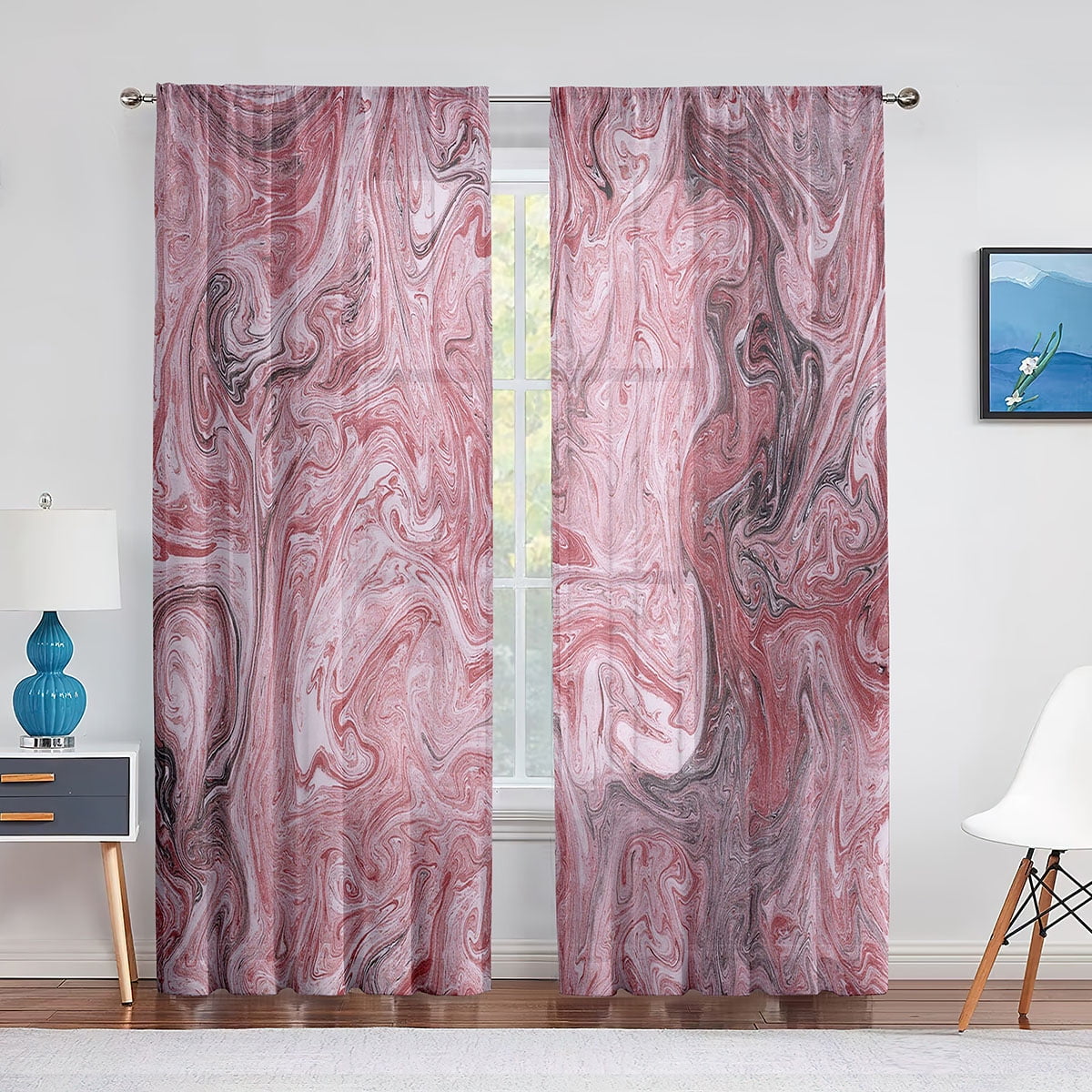 Navy Blue Marble Sheer Voile Curtain for Living Room Bedroom Kitchen ...