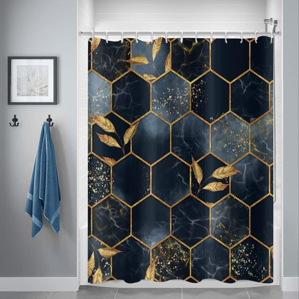 Navy Blue Marble Shower Curtain Grid Honeycomb Irregular Plaid