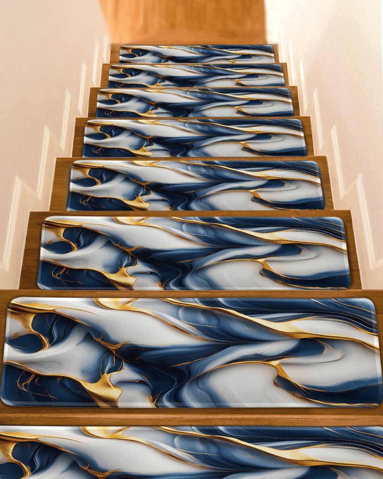 Navy Blue Marble Stair Treads for Wooden Steps Indoor Runner Rug Carpet ...