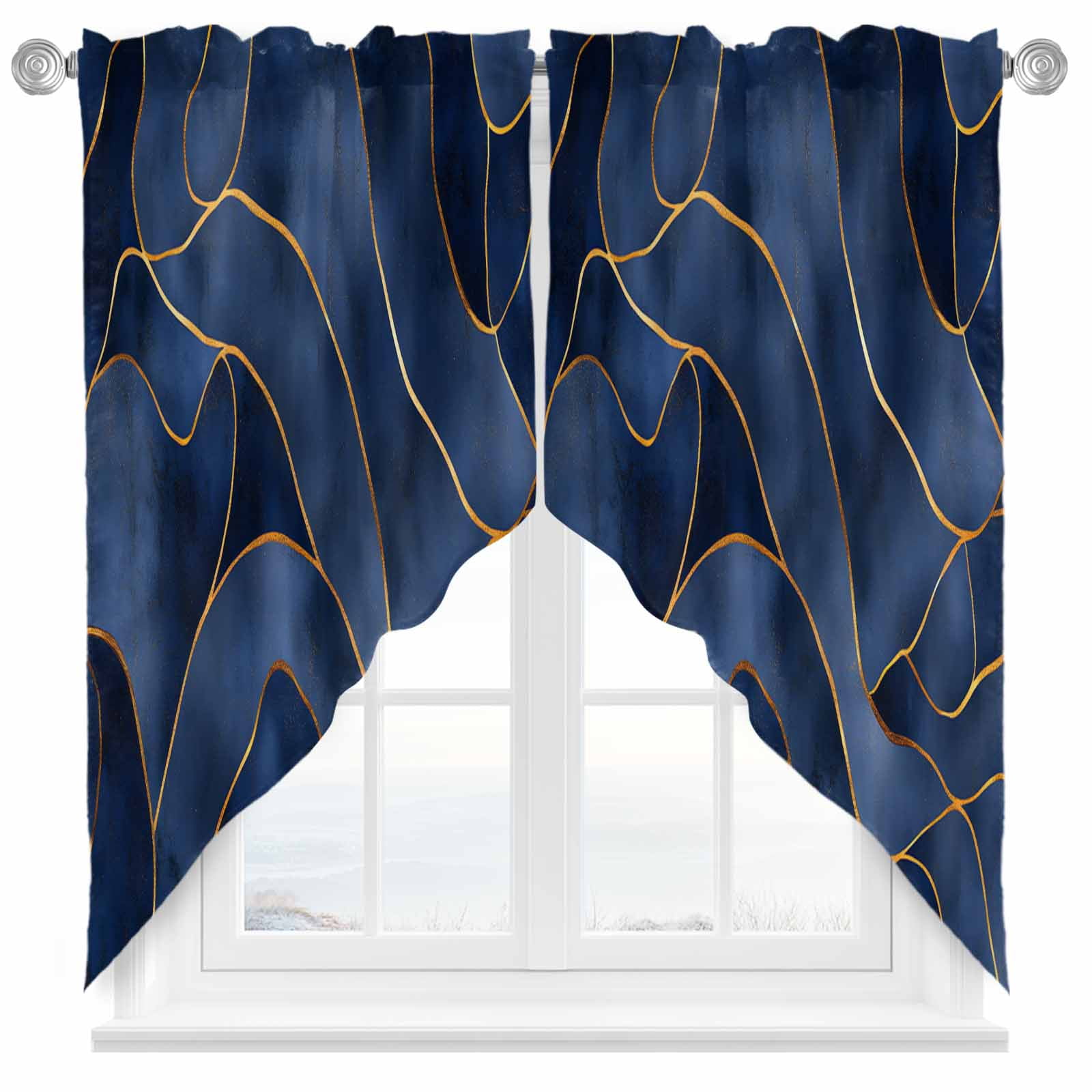 Navy Blue Marble Swag Valances for Windows 2 Pack Modern Abstract Gold ...