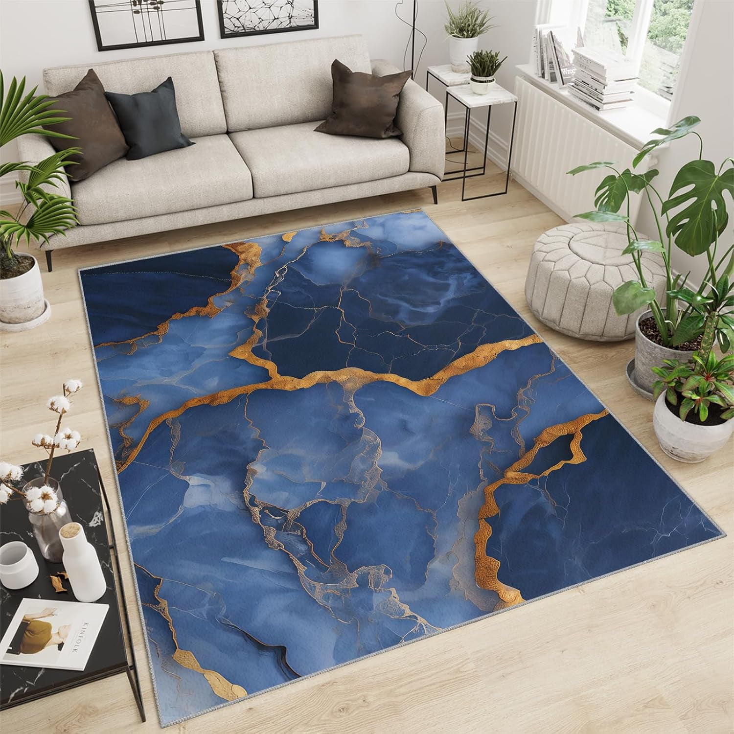 Navy Blue Marble Texture Bedroom Rug, Gradient Print With Gold-Plated ...