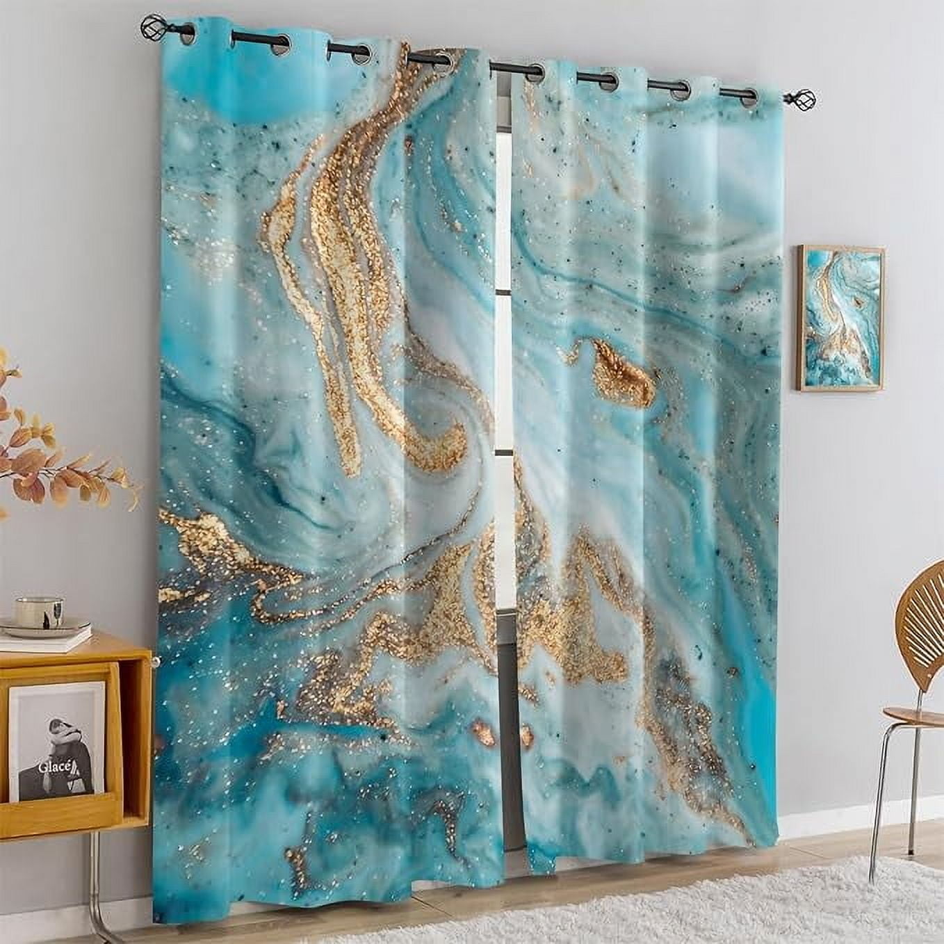Navy Blue Marble Texture Blackout Curtains, Light Luxury Gold Foil Art ...