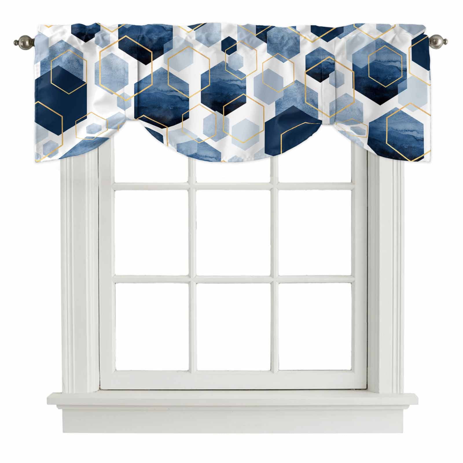 Navy Blue Marble Tie Up Valance Curtains for Windows, Kitchen Curtains ...
