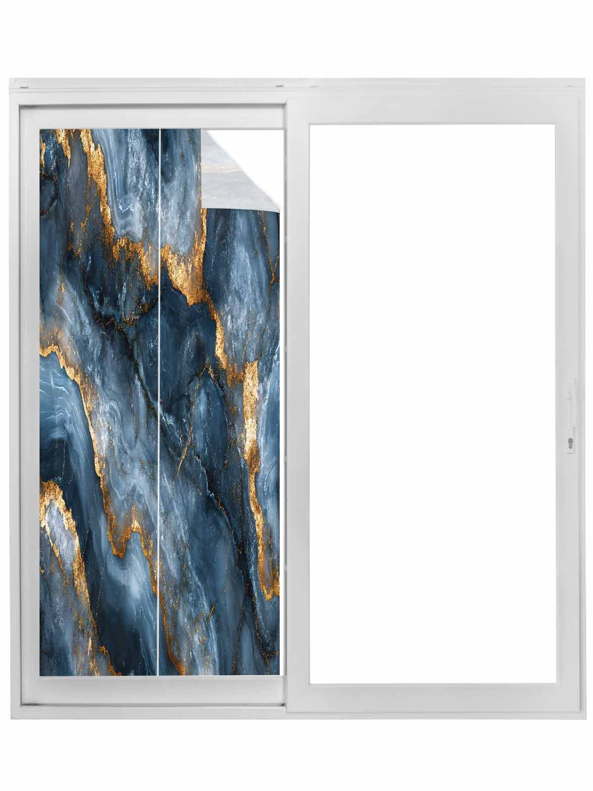 Navy Blue Marble Window Privacy Film, Modern Art Contemporary Yellow ...