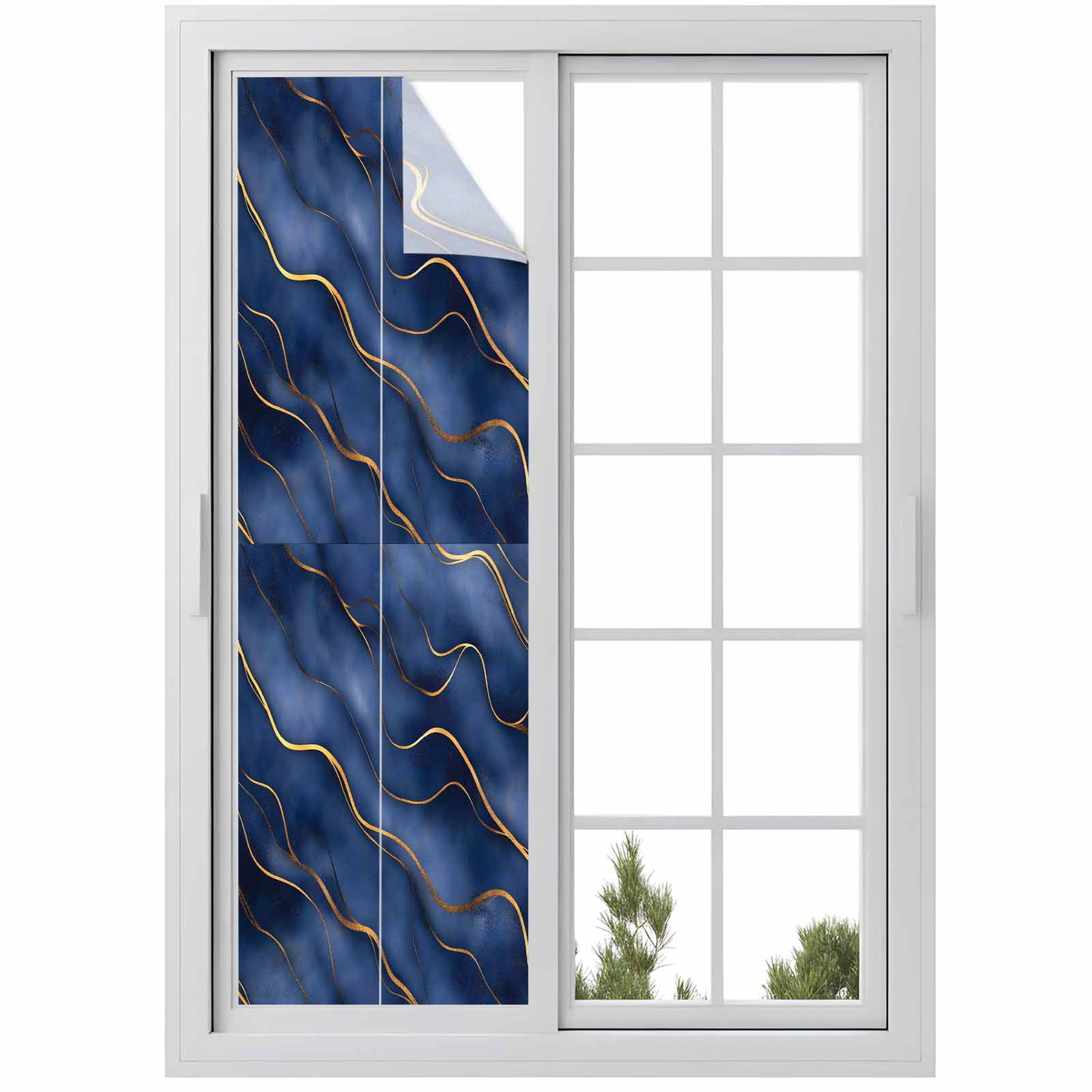 Navy Blue Marble Window Privacy Film, Modern Golden Geometric Art ...