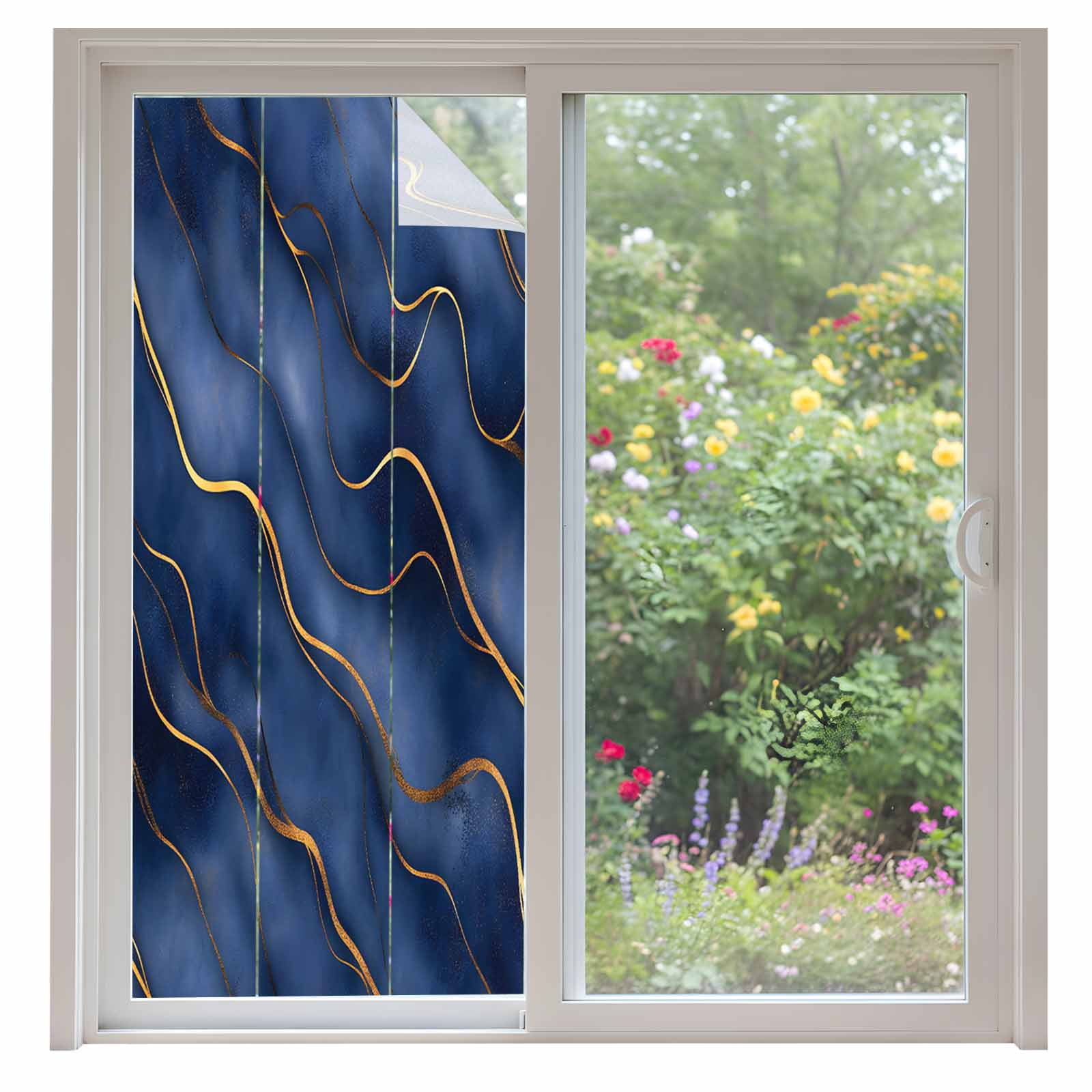 Navy Blue Marble Window Privacy Film, Modern Golden Geometric Art ...