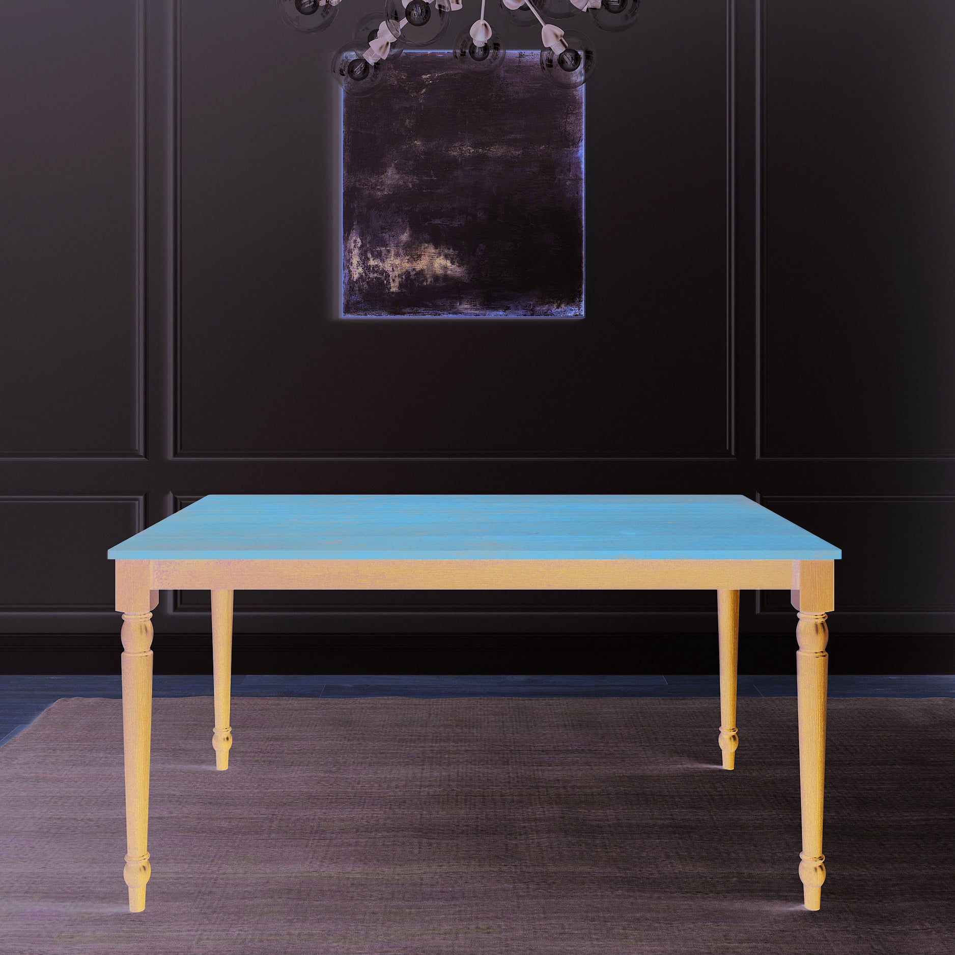 Navy Blue And Medium Brown Solid Wood Kitchen Dining Table, 59 In Depth ...