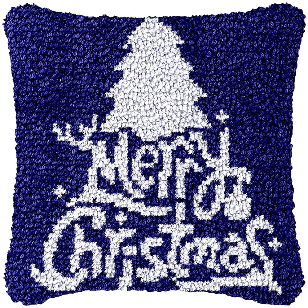 Navy Blue Merry Christmas Tree Letters Latch Hook Pillow Kits for ...