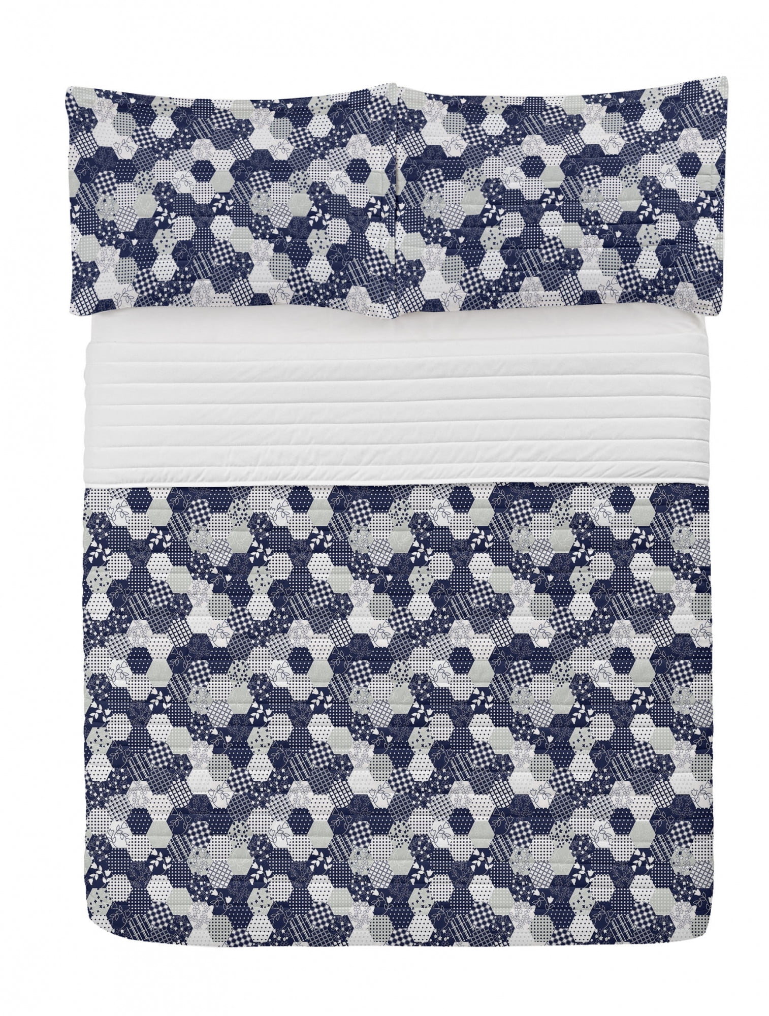 Navy Blue Microfiber Bedspread Set, Octagon Patchwork Style Pattern ...