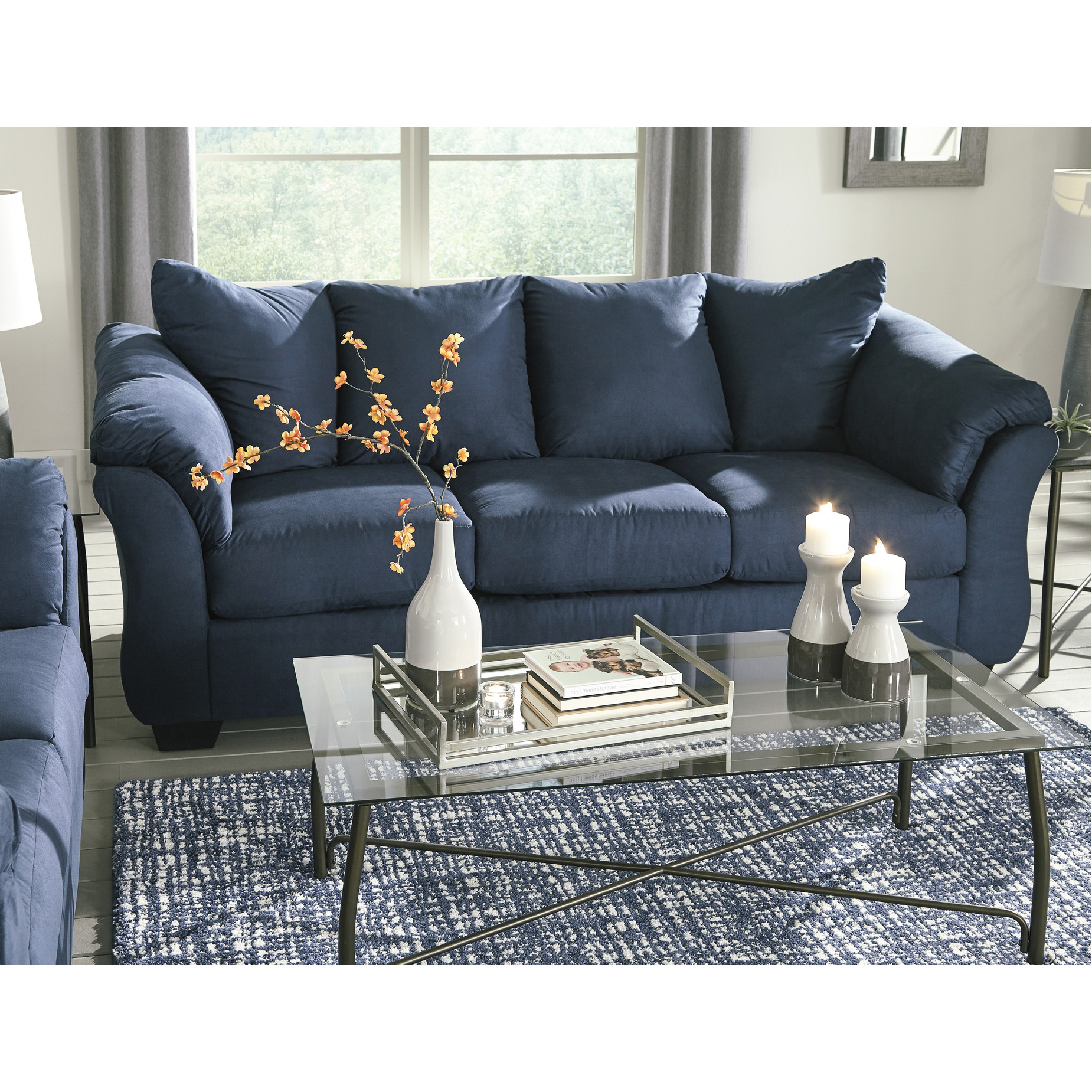 Navy Blue Microfiber Couch, Flared Arm Detail, Medium-soft Seat Pillow ...