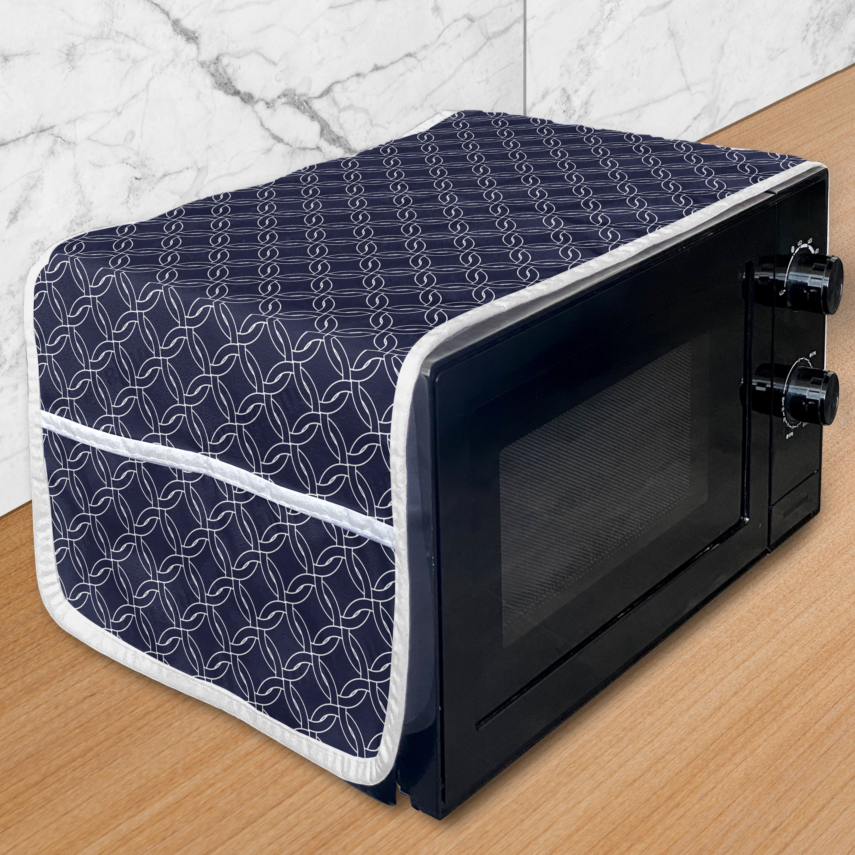 Navy Blue Microwave Oven Cover, Abstract Geometric Entangled Circles ...