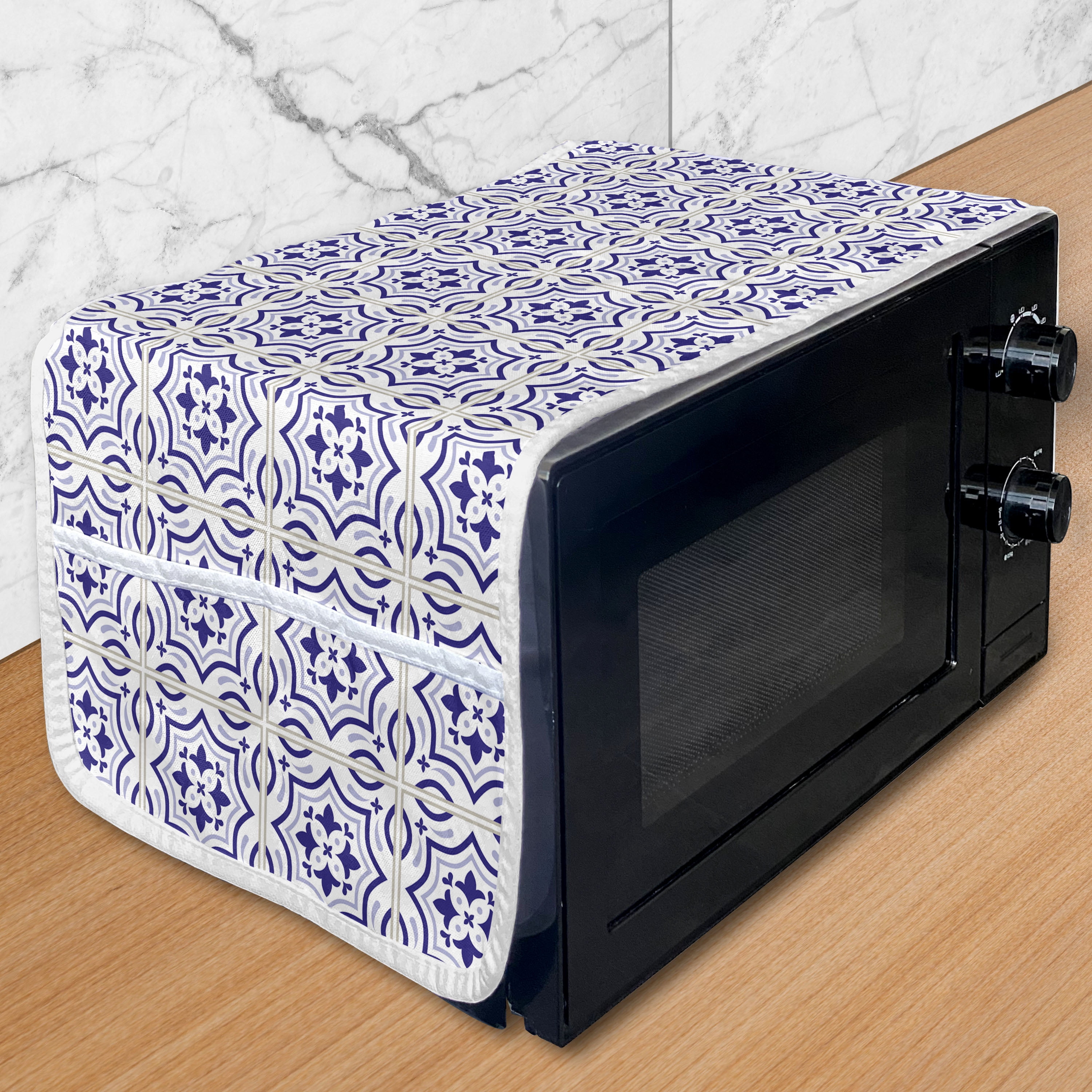 Navy Blue Microwave Oven Cover, Portuguese Tile Design Traditional ...