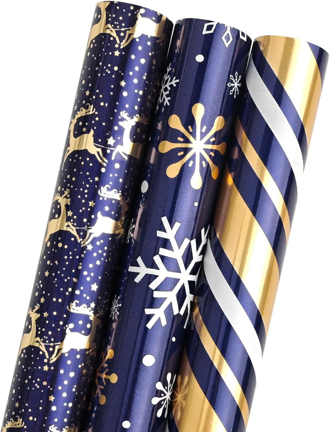 Navy Blue Mini Wrapping Paper Rolls with Gold Deer & Snowflake Design ...