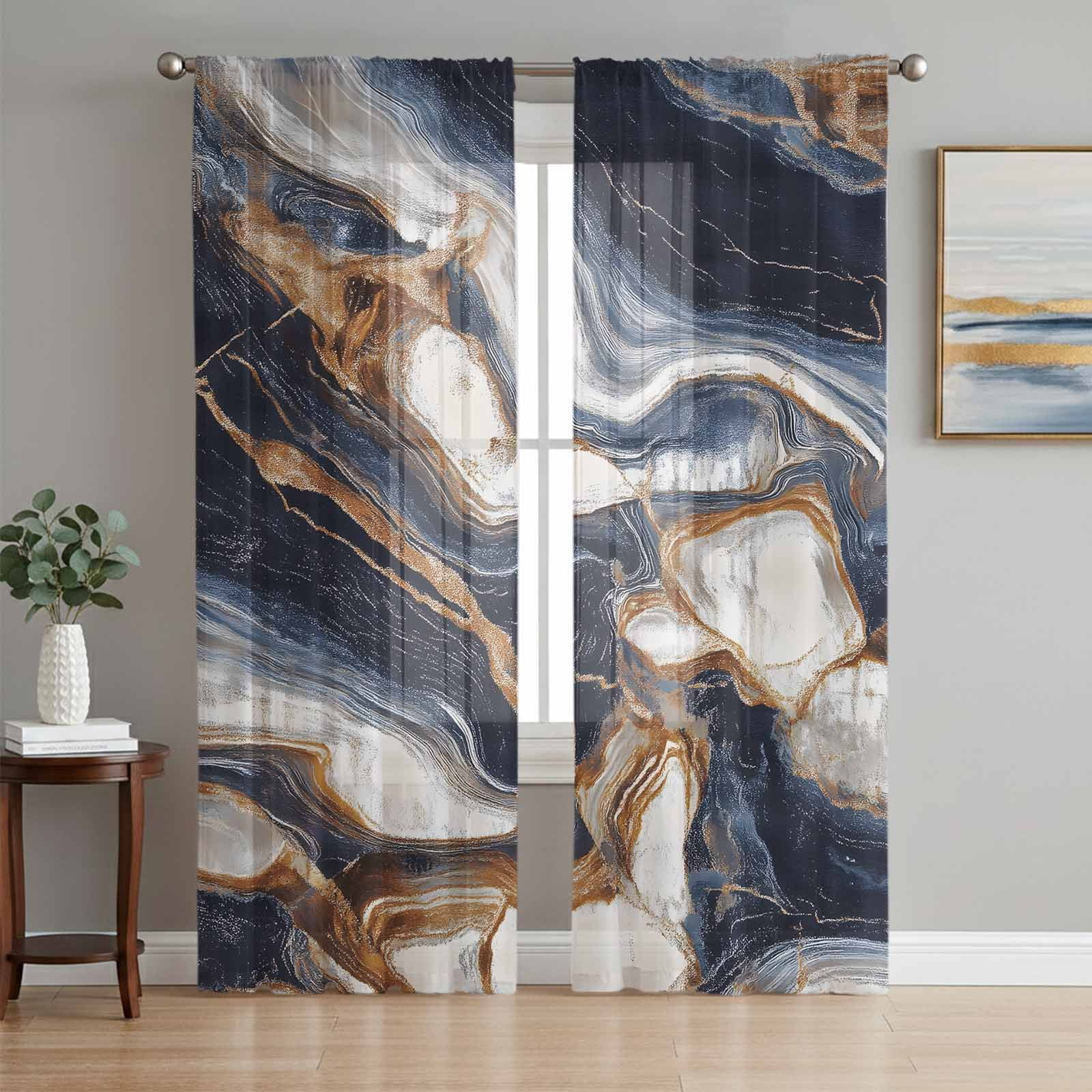 Navy Blue Minimalist Art Sheer Curtains 72 Inch Length 2 Panels Set ...