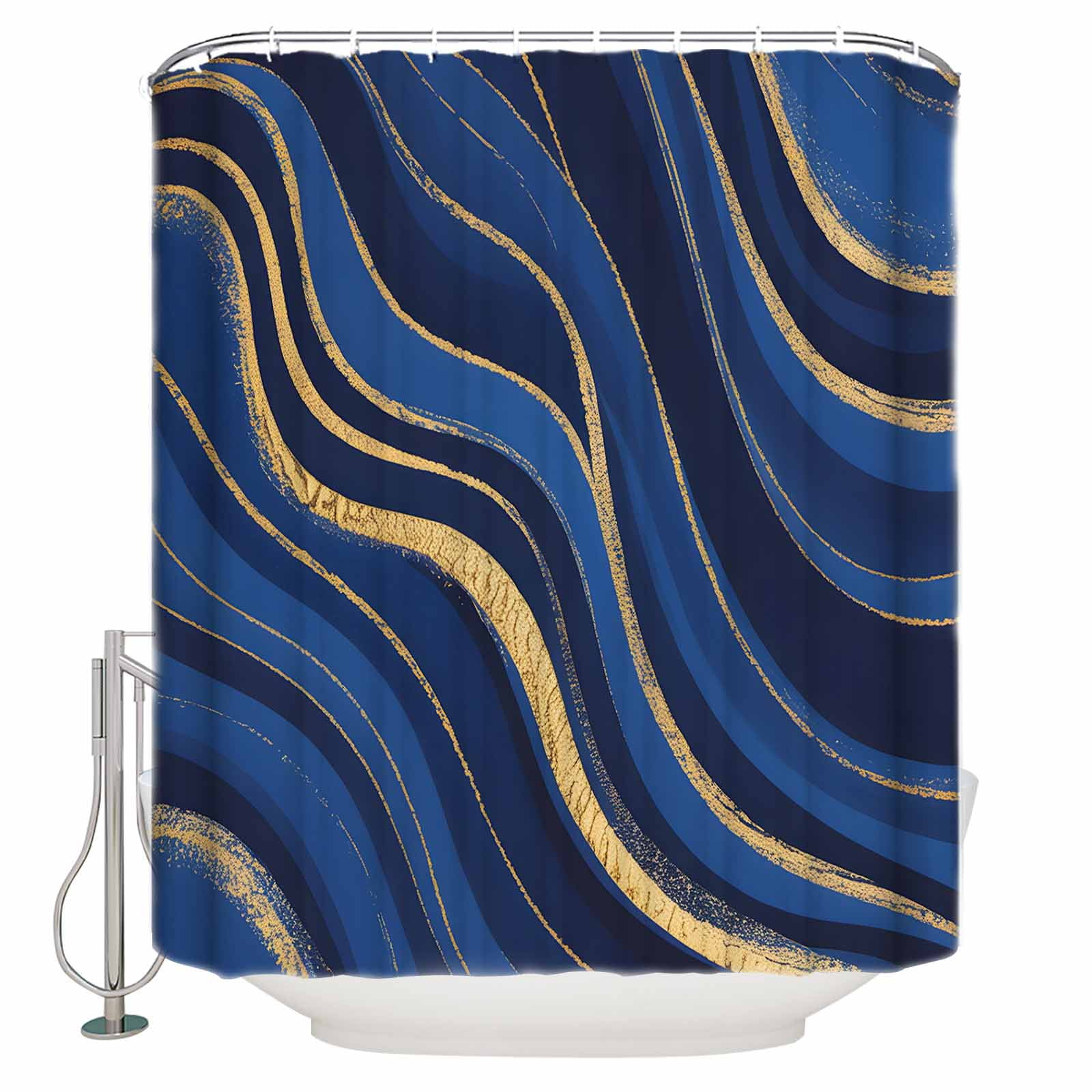 Navy Blue Moire Bathroom Shower Curtains with 12 Hooks Polyester ...