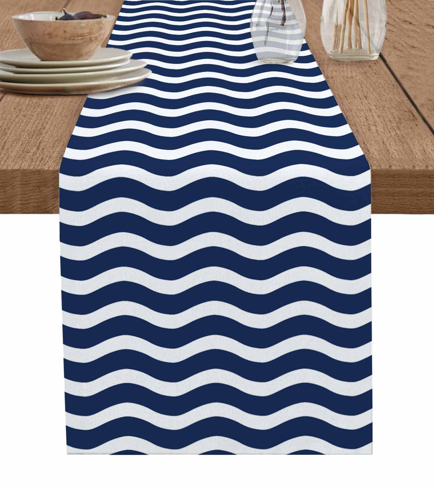 Navy Blue Moire Ombre Table Runner 72 Inches, Water Ripple Stripe ...