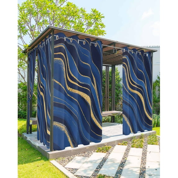 Navy Blue Moire Outdoor Curtains for Patio, Modern Abstract Art Privacy ...