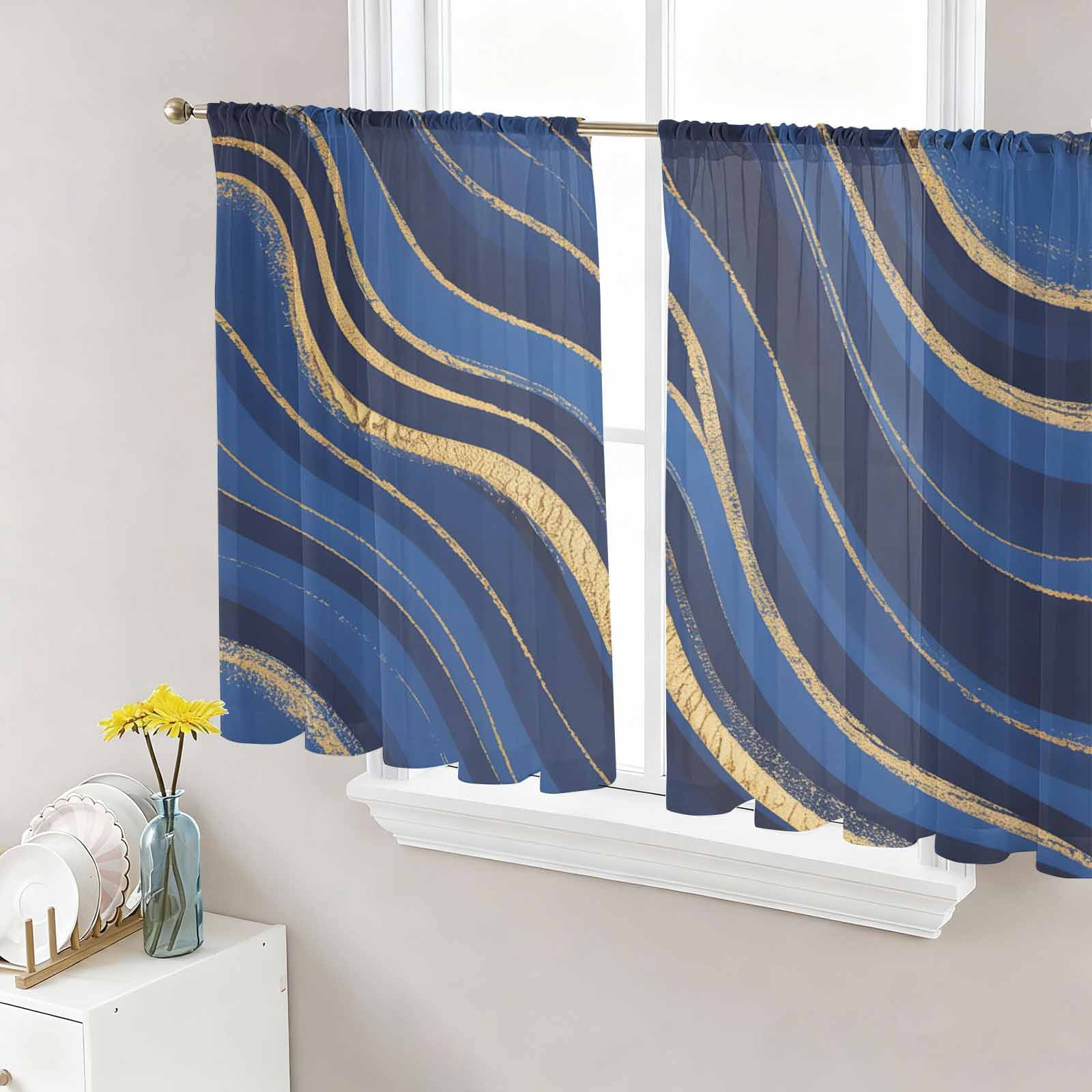 Navy Blue Moire Sheer Curtains 54 Inch Length 2 Panels Set - Light ...