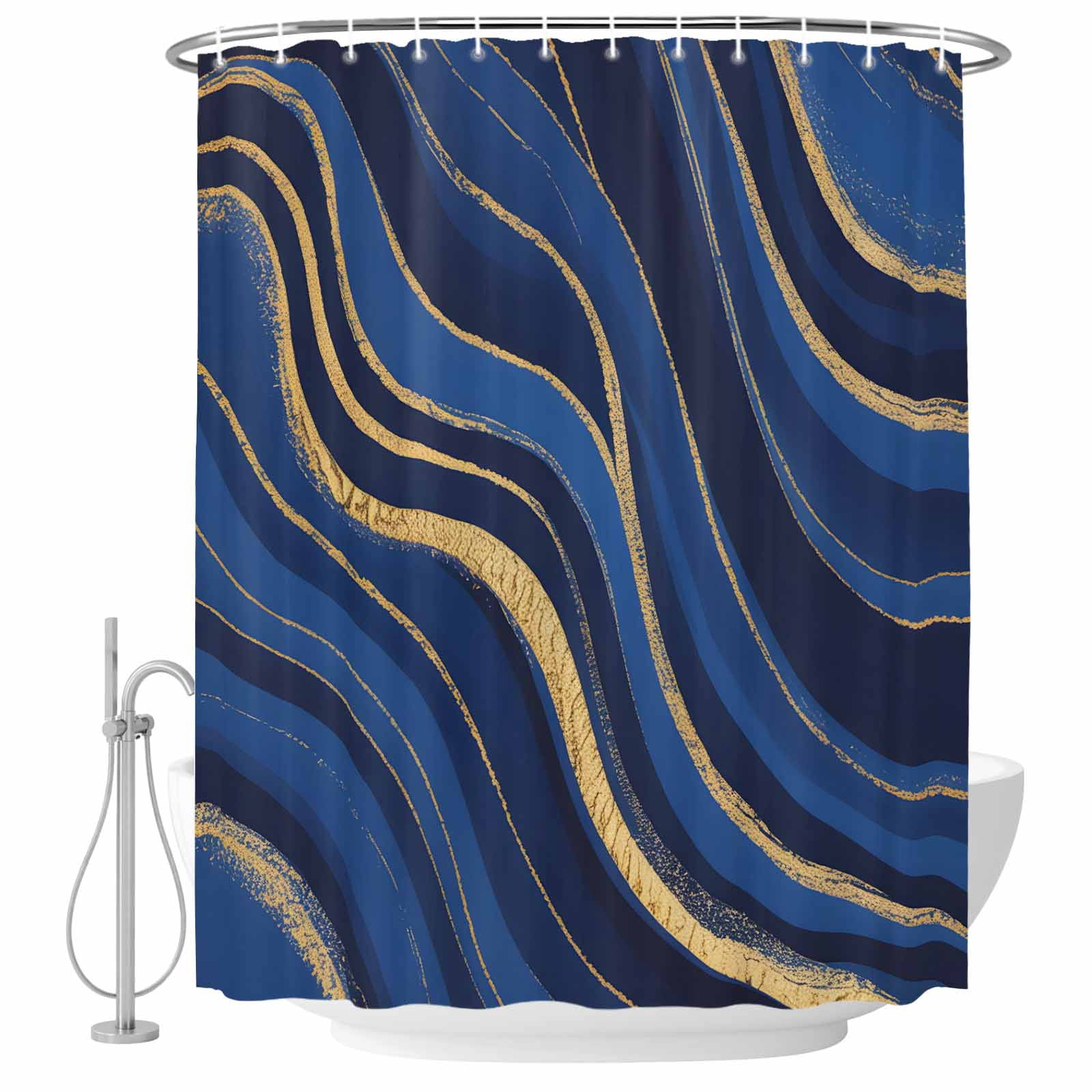 Navy Blue Moire Shower Curtain Set - Long 72" x 84" Washable Bathtub ...