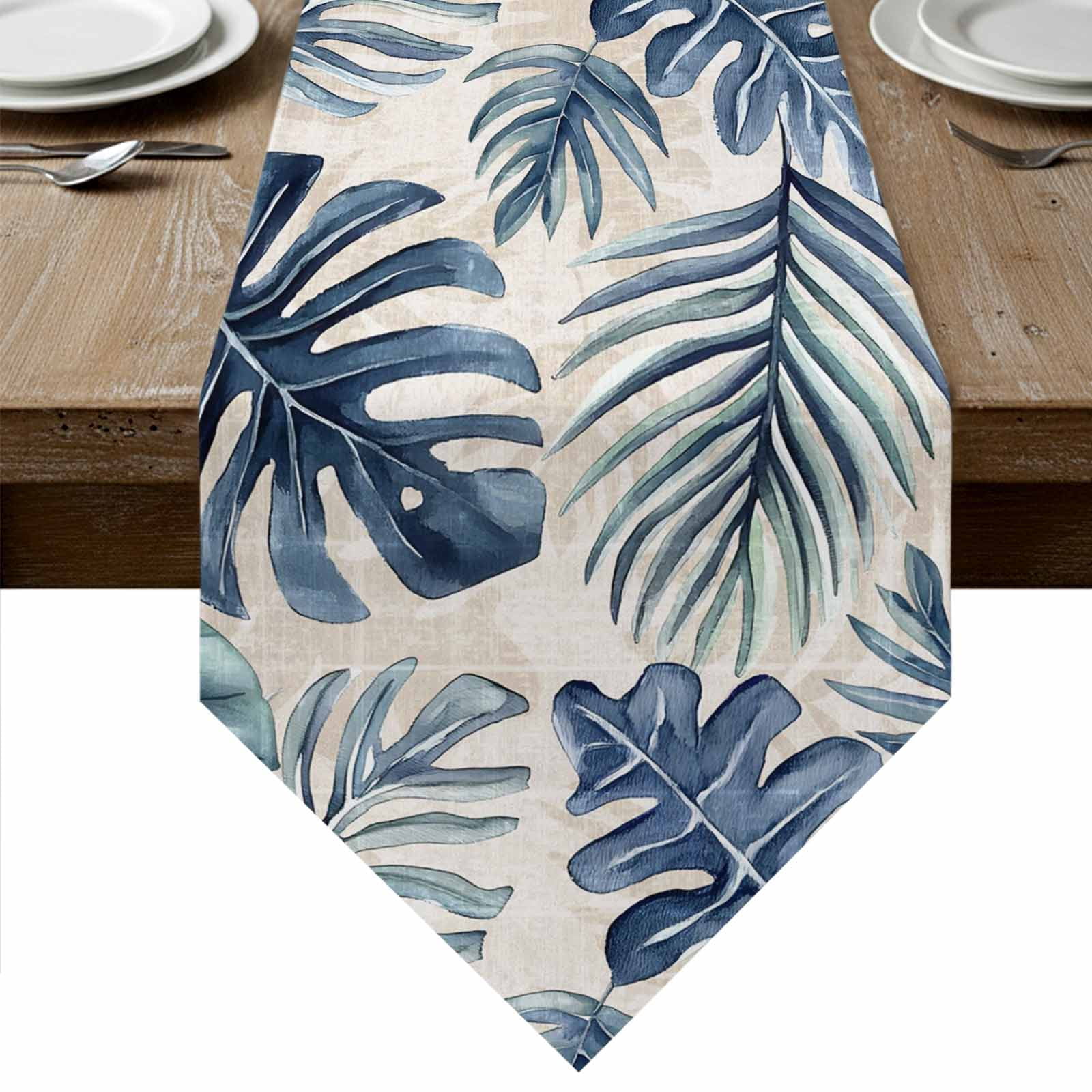 Navy Blue Monstera Deliciosa Table Runner Linen Burlap Table Runner 72 ...