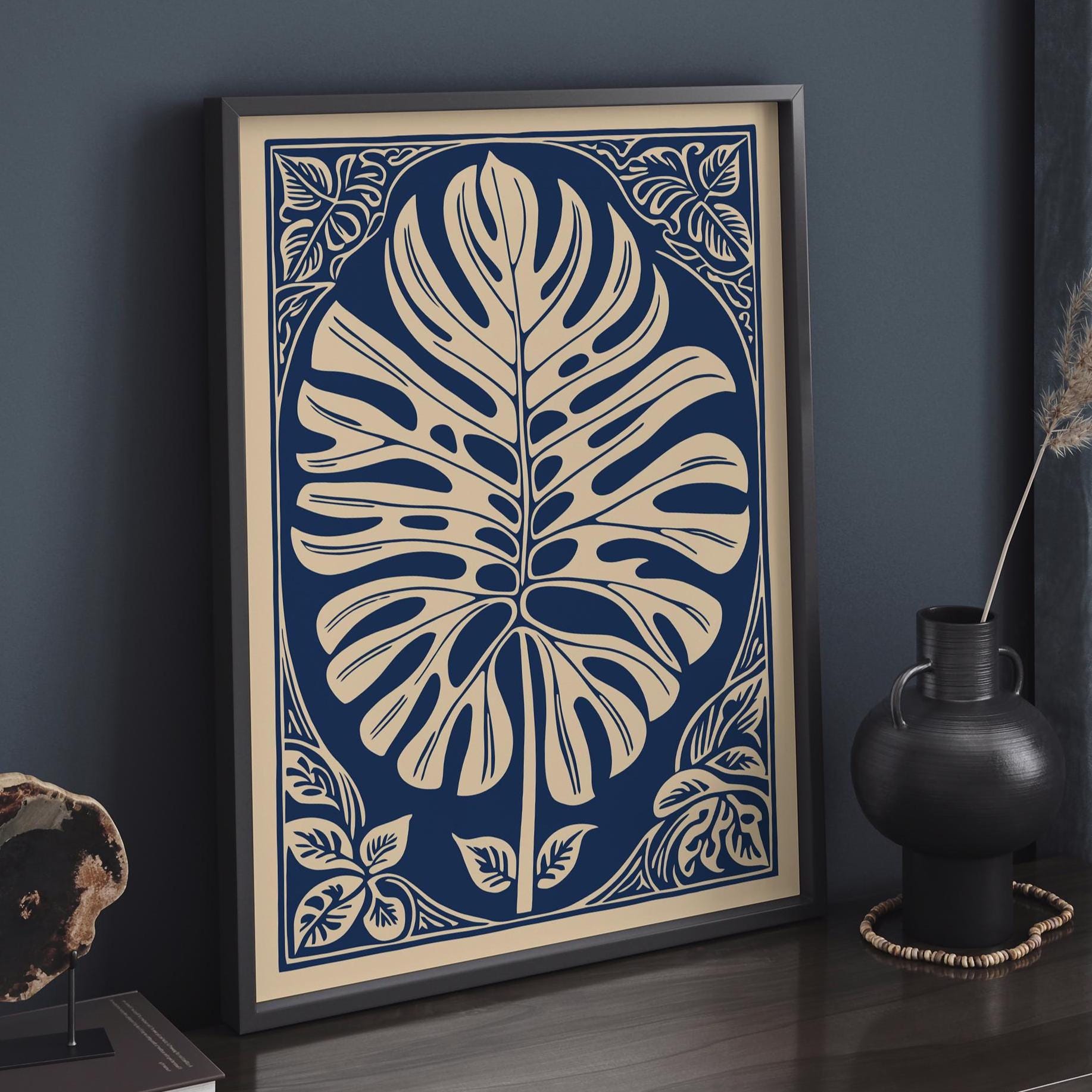 Navy Blue Monstera Leaf Art Print: Modern Botanical Illustration ...