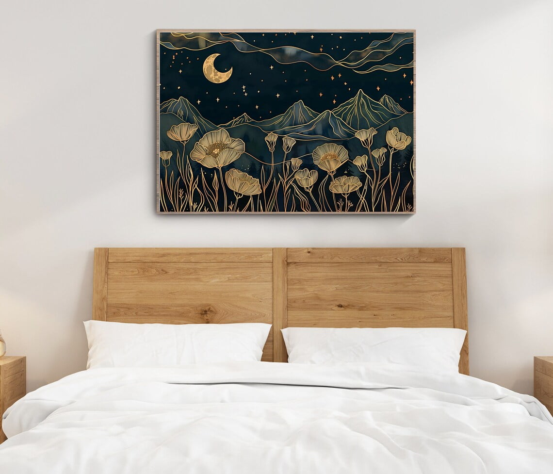 Navy Blue Moon And Poppies - Mountain Views Wall Art - Celestial Wall ...