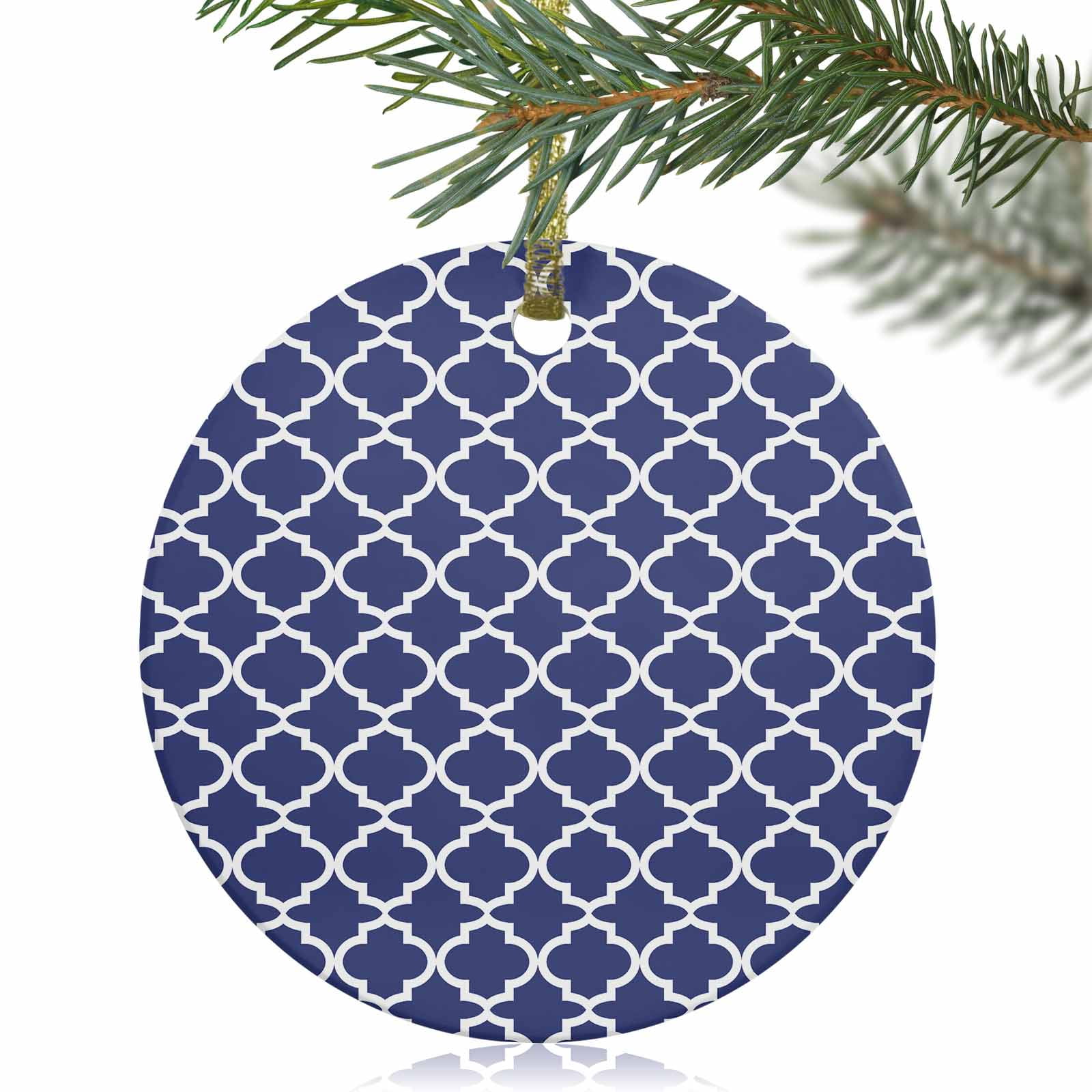 Navy Blue Moroccan Plaid Christmas Ceramic Ornament 2025,3" Round Xmas ...