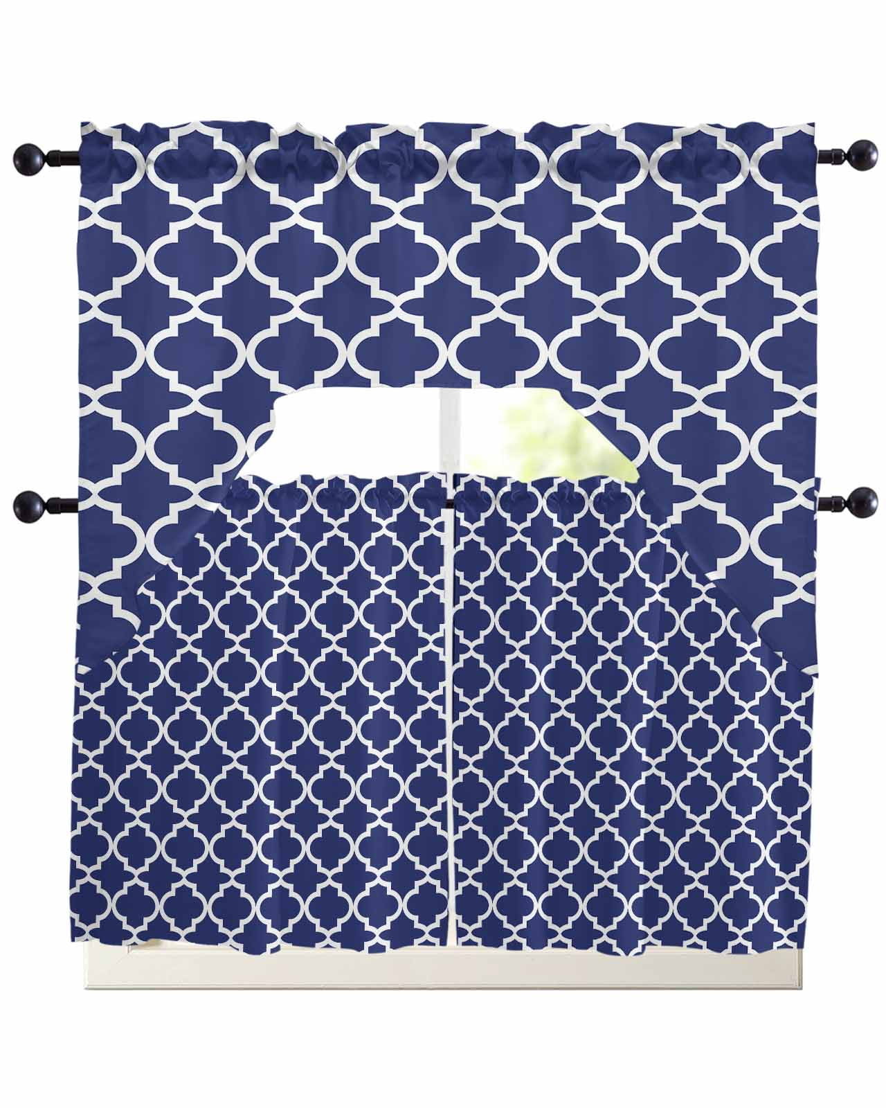 Navy Blue Morocco Kitchen Curtains Swag Valance and Tier Curtains Set ...