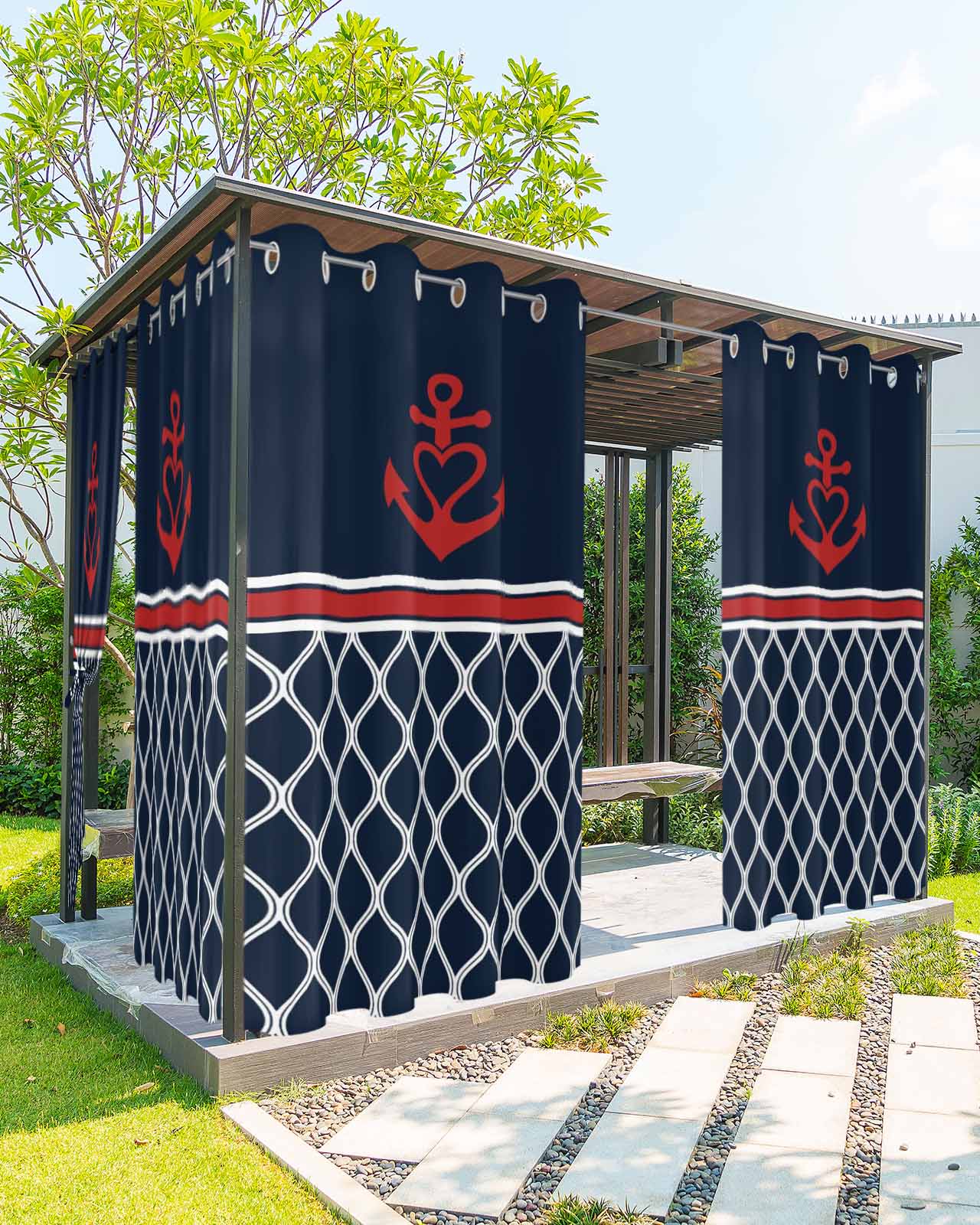 Navy Blue Morocco Outdoor Curtains for Patio, Red Ocean Nautical Anchor ...