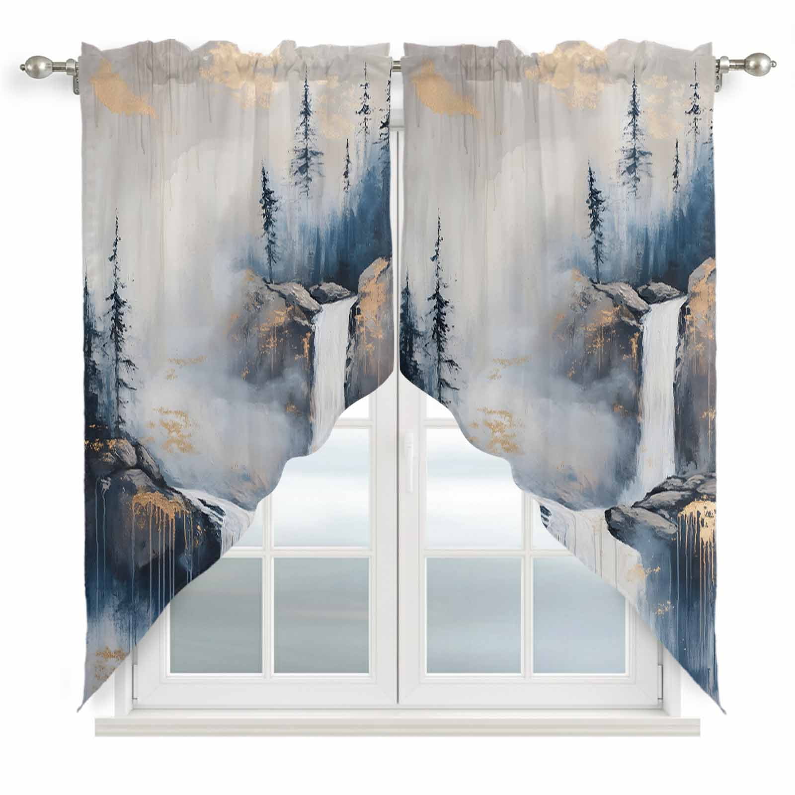 Navy Blue Mountain Kitchen Window Curtains, Swag Curtains Valance for ...