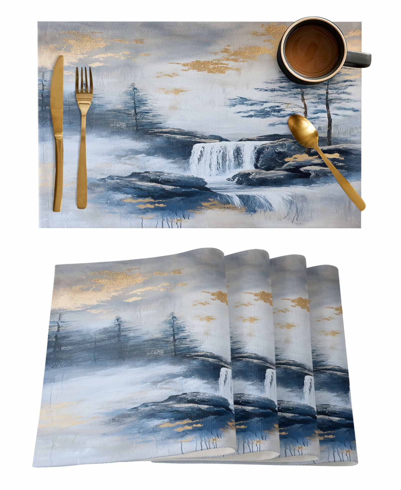 Navy Blue Mountain Placemats Set of 6, Modern Abstract Art Tree ...