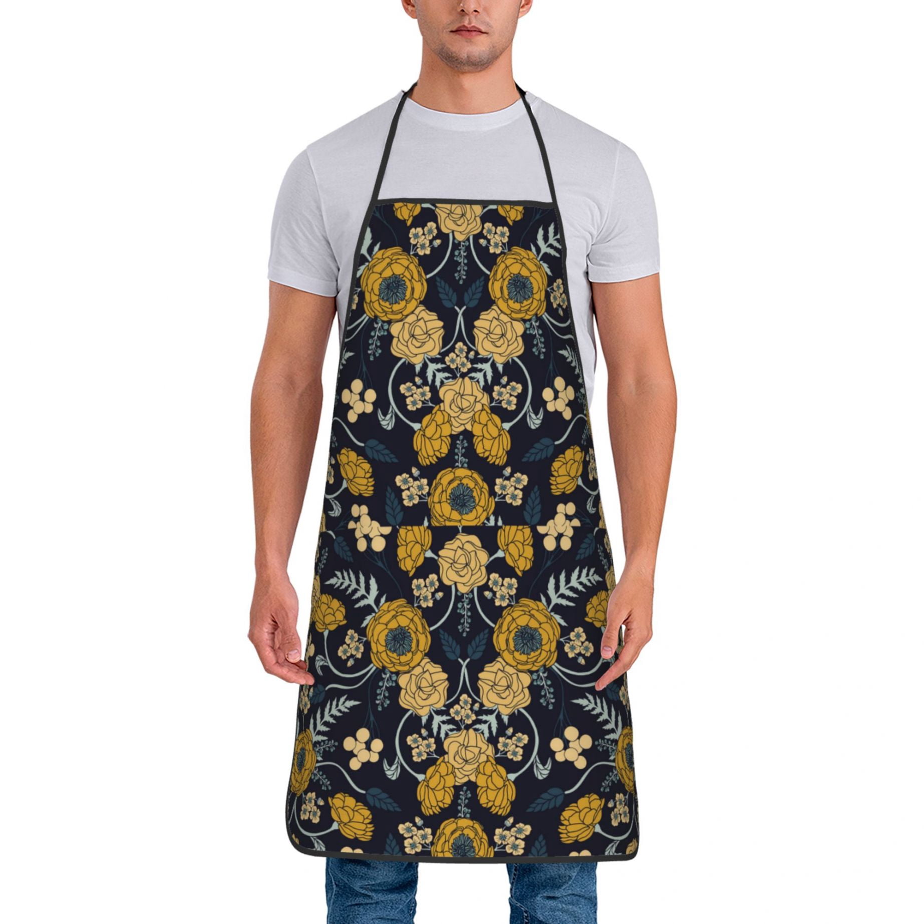 Navy Blue Mustard Yellow Floral Aprons for Women Men Waterproof Apron ...