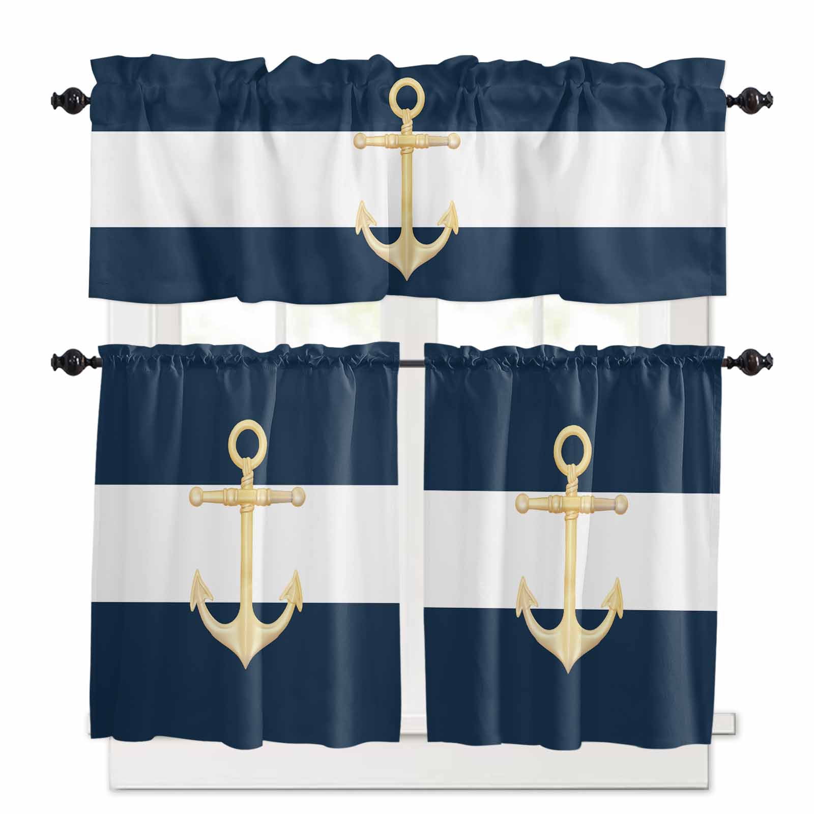Navy Blue Nautical Kitchen Curtain Set, Gold Boat Anchor Geometric ...