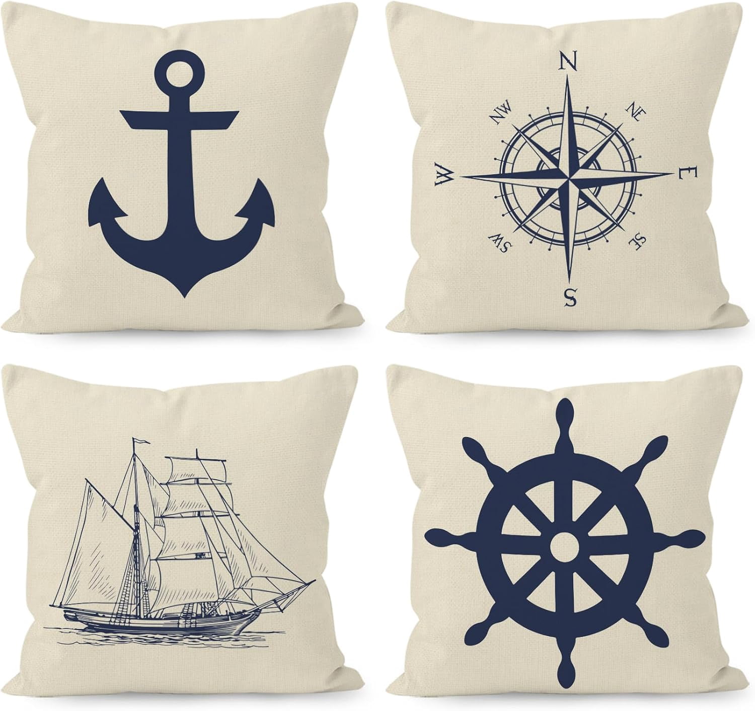 Navy Blue Nautical Ocean Boat Anchor Compass Throw Pillow Covers ...