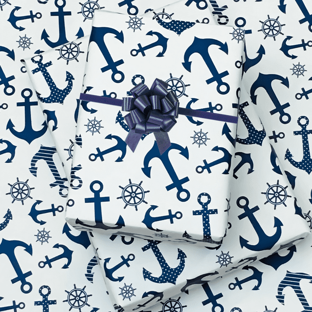 Navy Blue Nautical Sailing Anchor Specialty Gift Wrapping Paper Premium ...