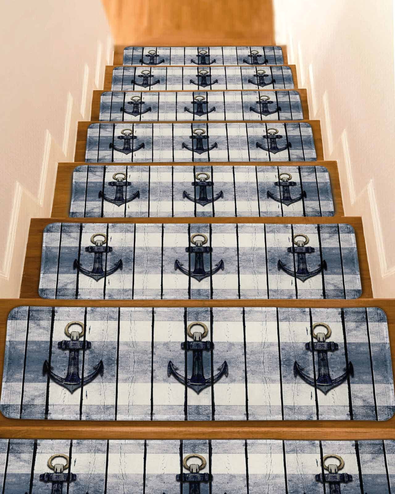 Navy Blue Nautical Stair Treads for Wooden Steps Indoor Runner Rug ...