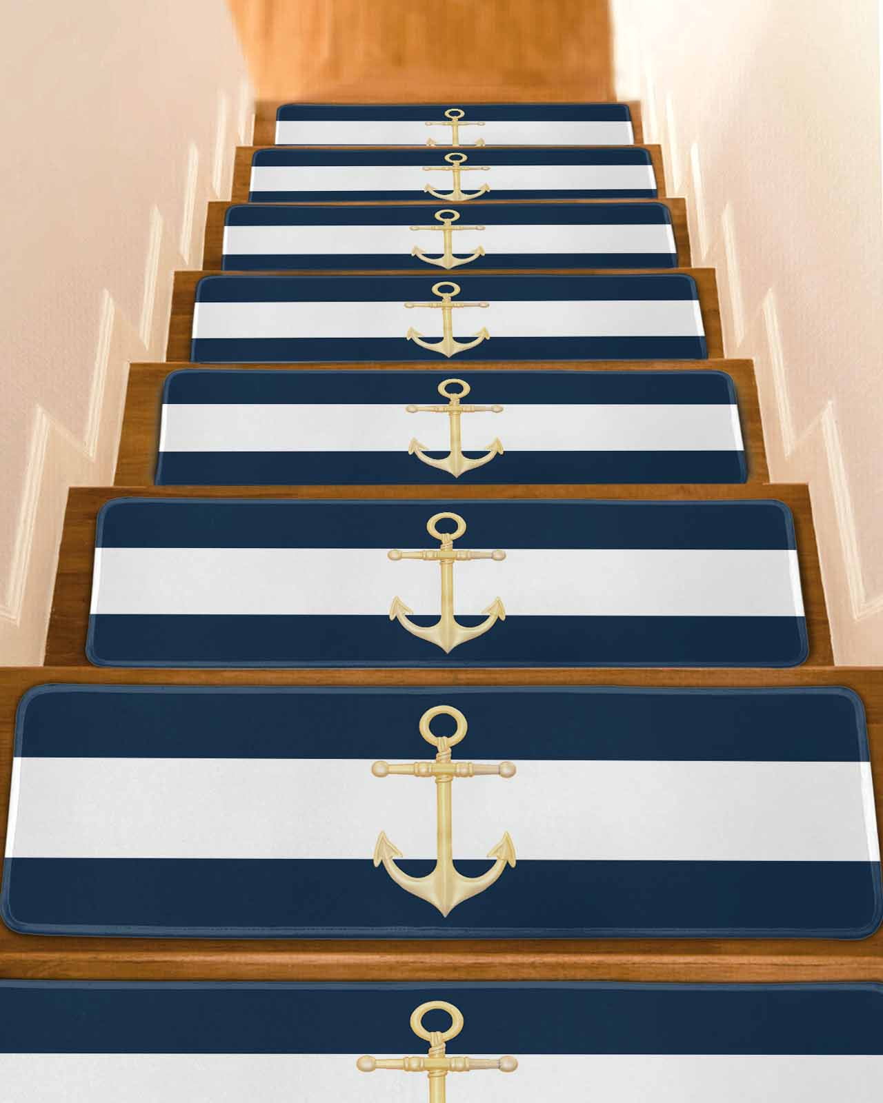 Navy Blue Nautical Stair Treads for Wooden Steps Indoor Runner Rug ...