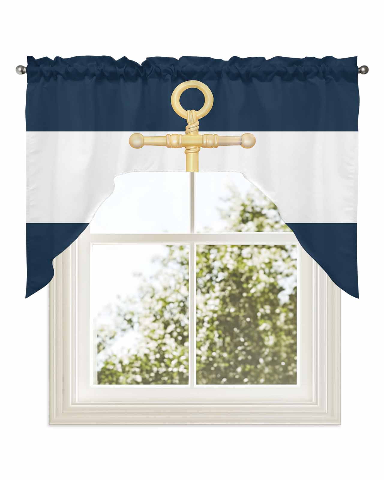 Navy Blue Nautical Swag Valance for Windows 56'' x 36'', Gold Boat ...