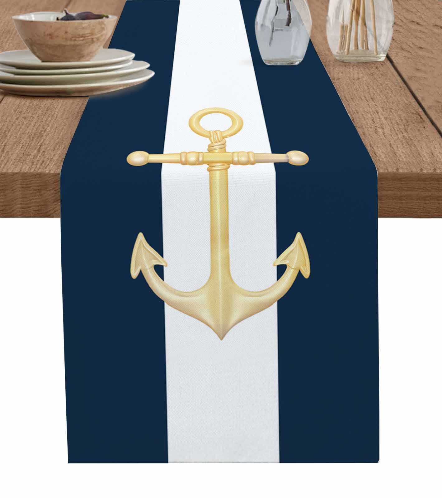 Navy Blue Nautical Table Runner Gold Boat Anchor Geometric Stripe ...