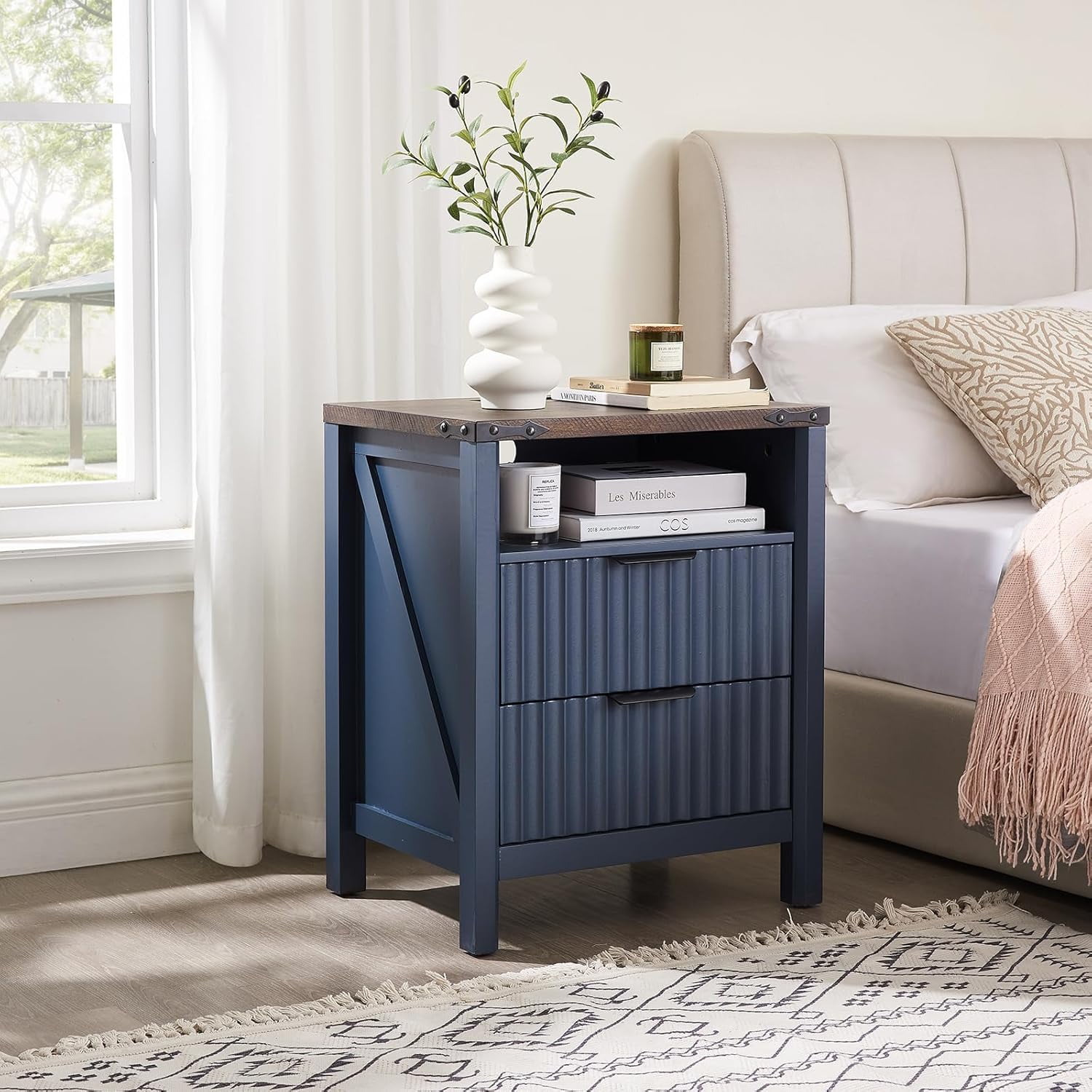 Navy Blue Night Stand with Charging Station - 20 Inch Wide Farmhouse ...