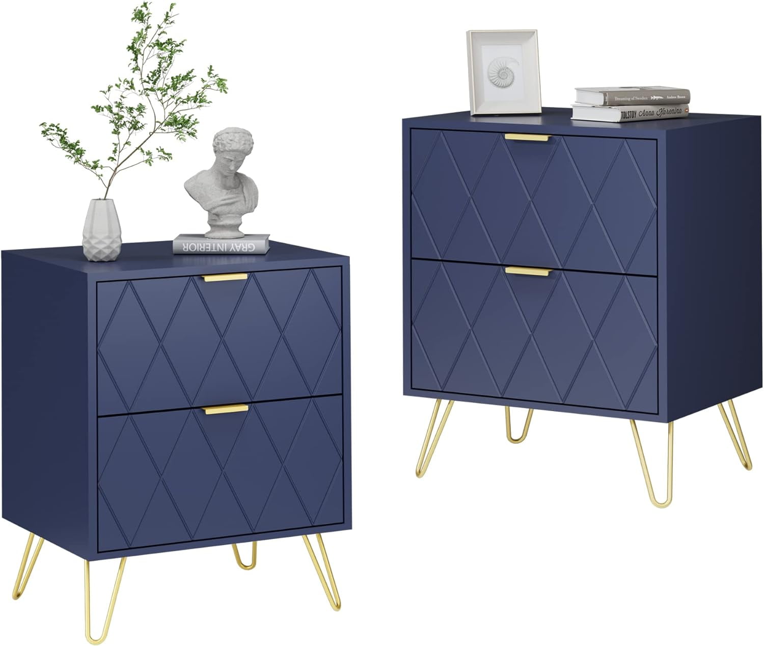 Navy Blue Nightstand Set of 2, Bedside Table with 2 Spacious Drawers ...