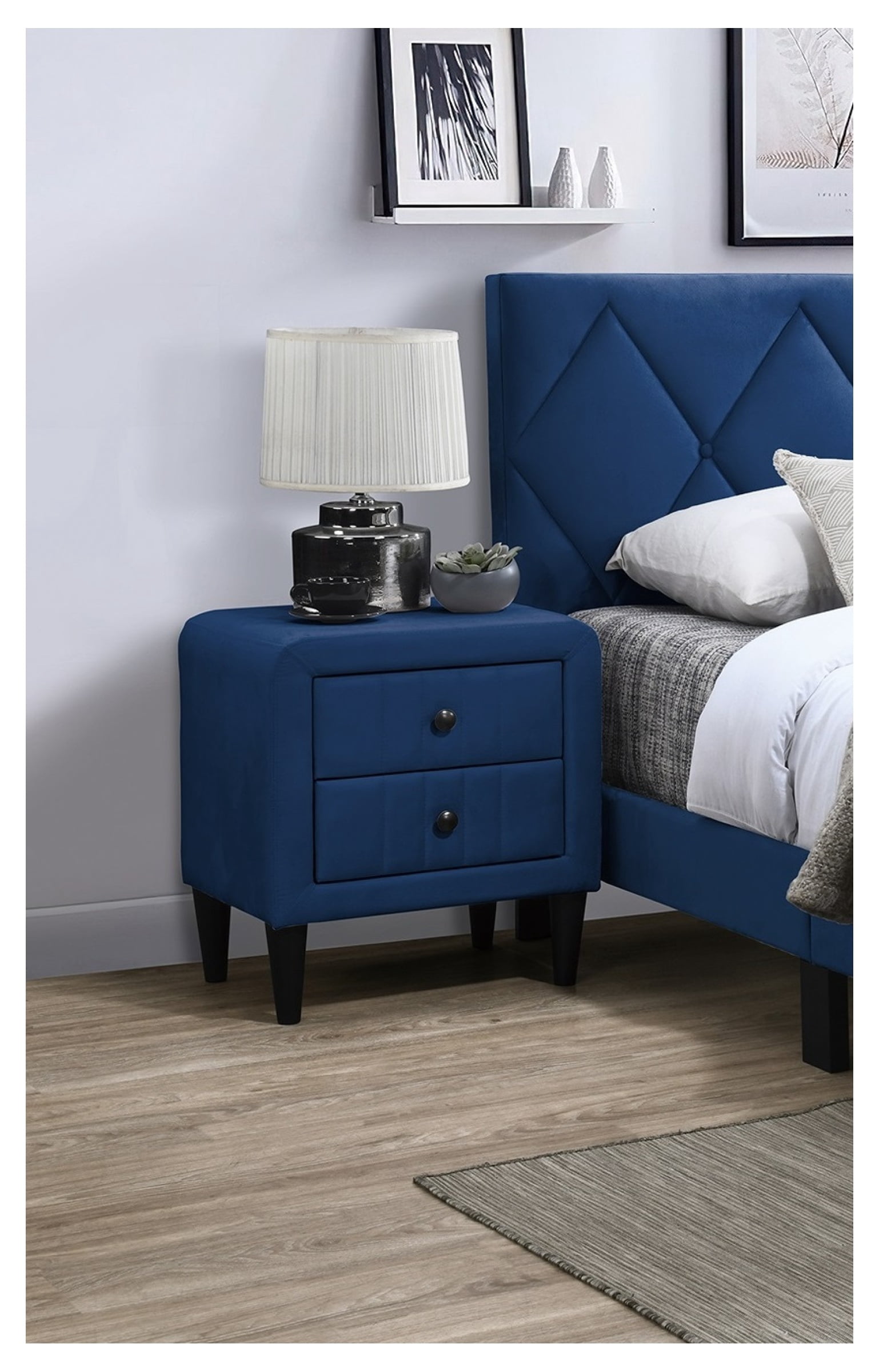 Navy Blue Nightstand with 2 Drawers - Bedside Table, Modern Bedroom ...