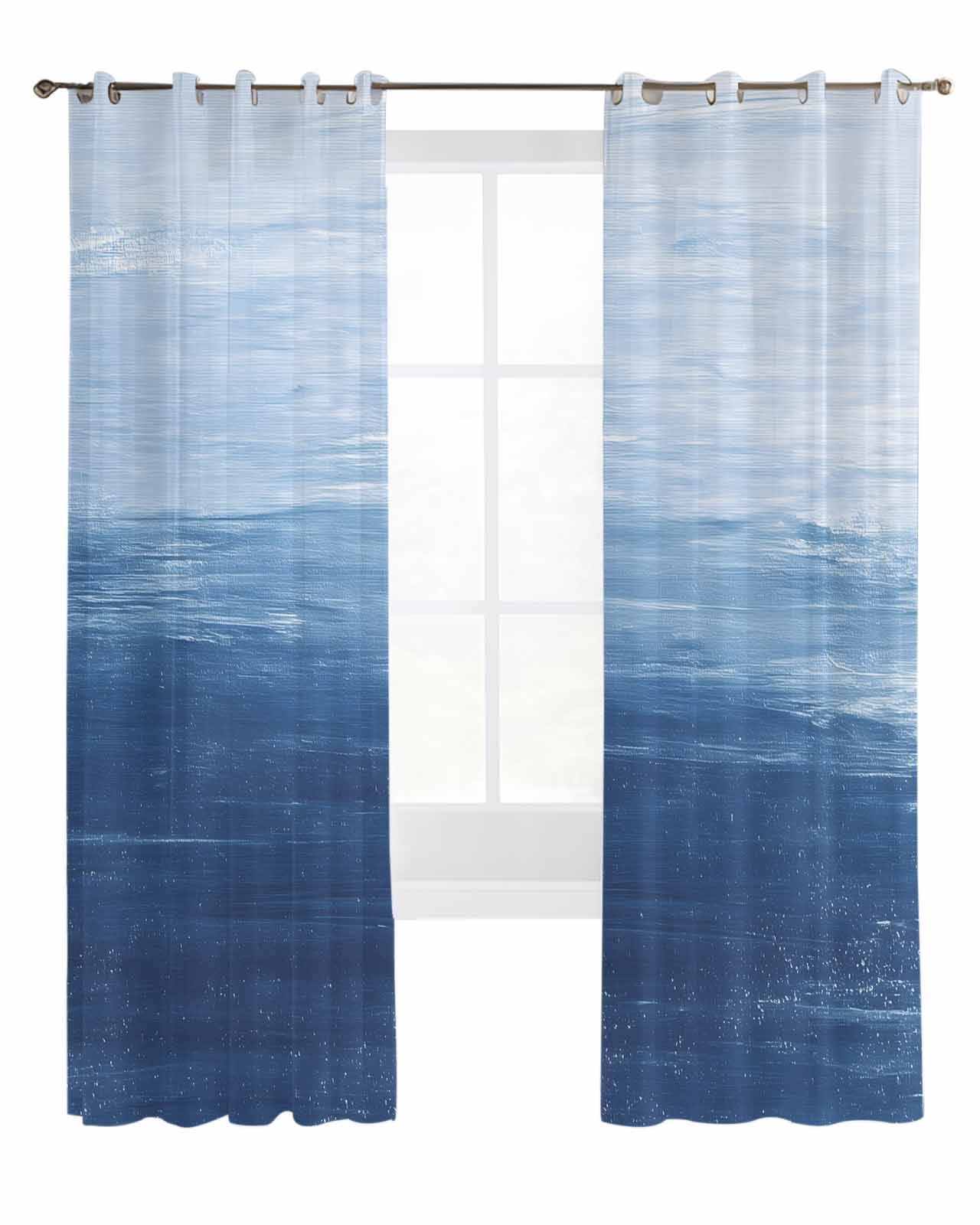 Navy Blue Ocean Sheer Curtains 84 Inch Length 2 Panels Modern Oil ...