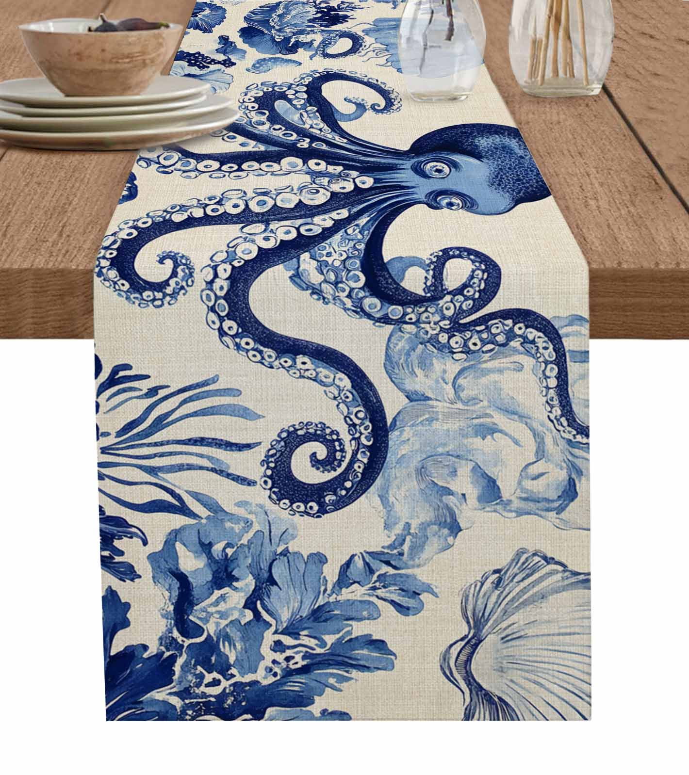 Navy Blue Octopus Coastal Burlap Cotton Table Runner 13x72 Inches Long ...
