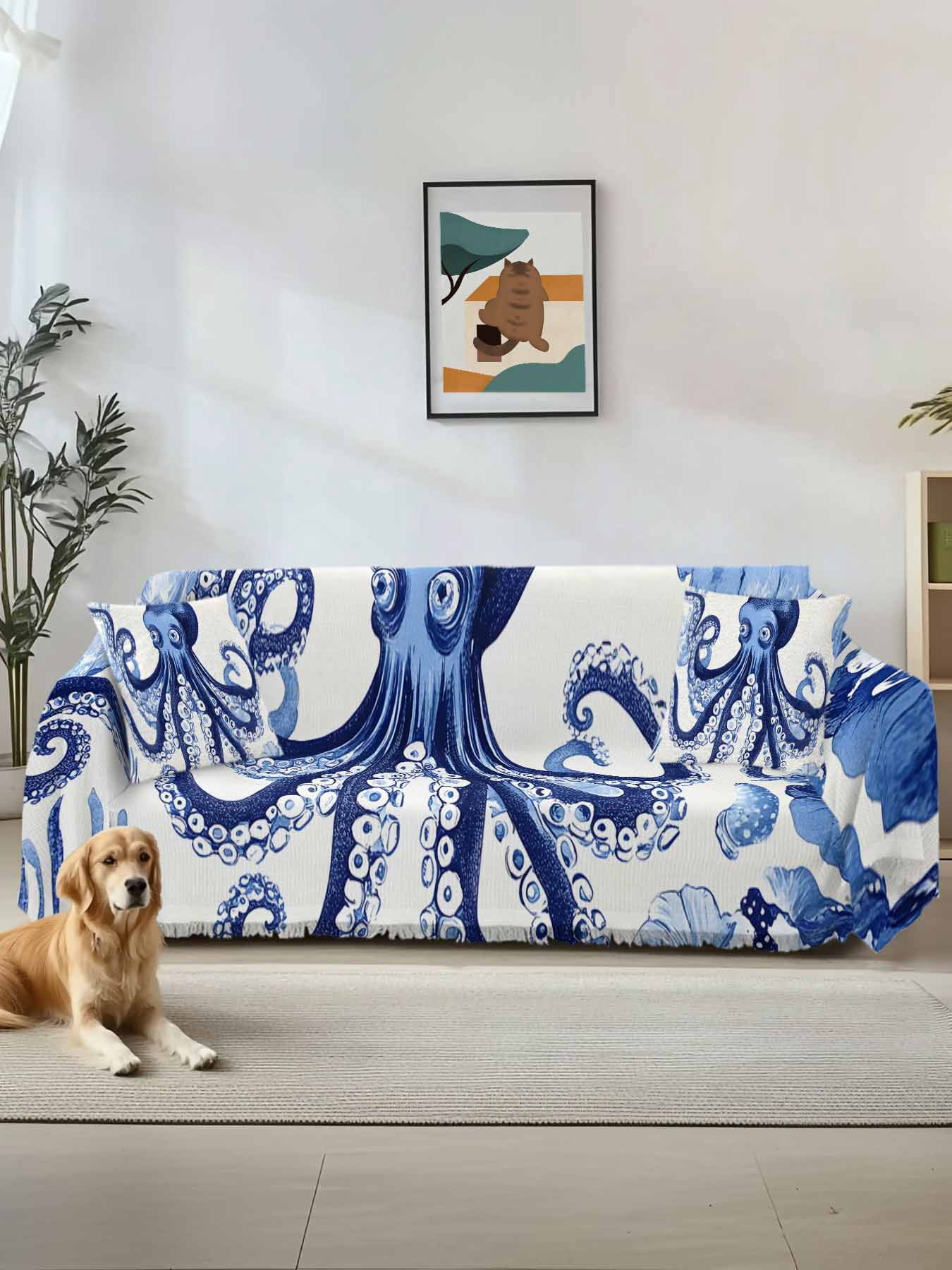 Navy Blue Octopus Coastal Couch Cover Sofa Covers 3 Cushion Sectional ...