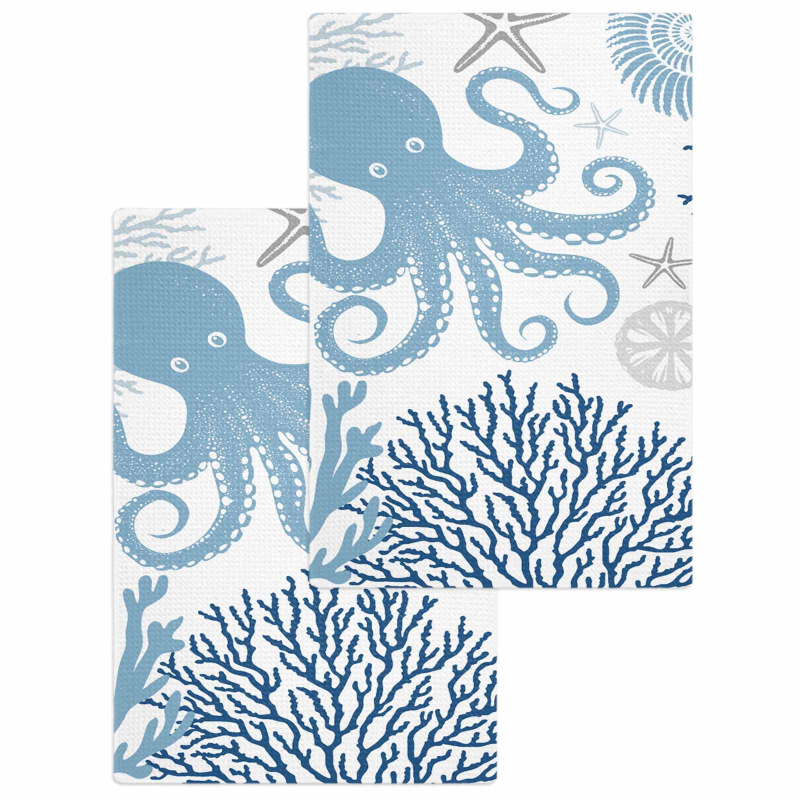 Navy Blue Octopus Coastal Kitchen Dish Towels for Drying Dishes Set of ...