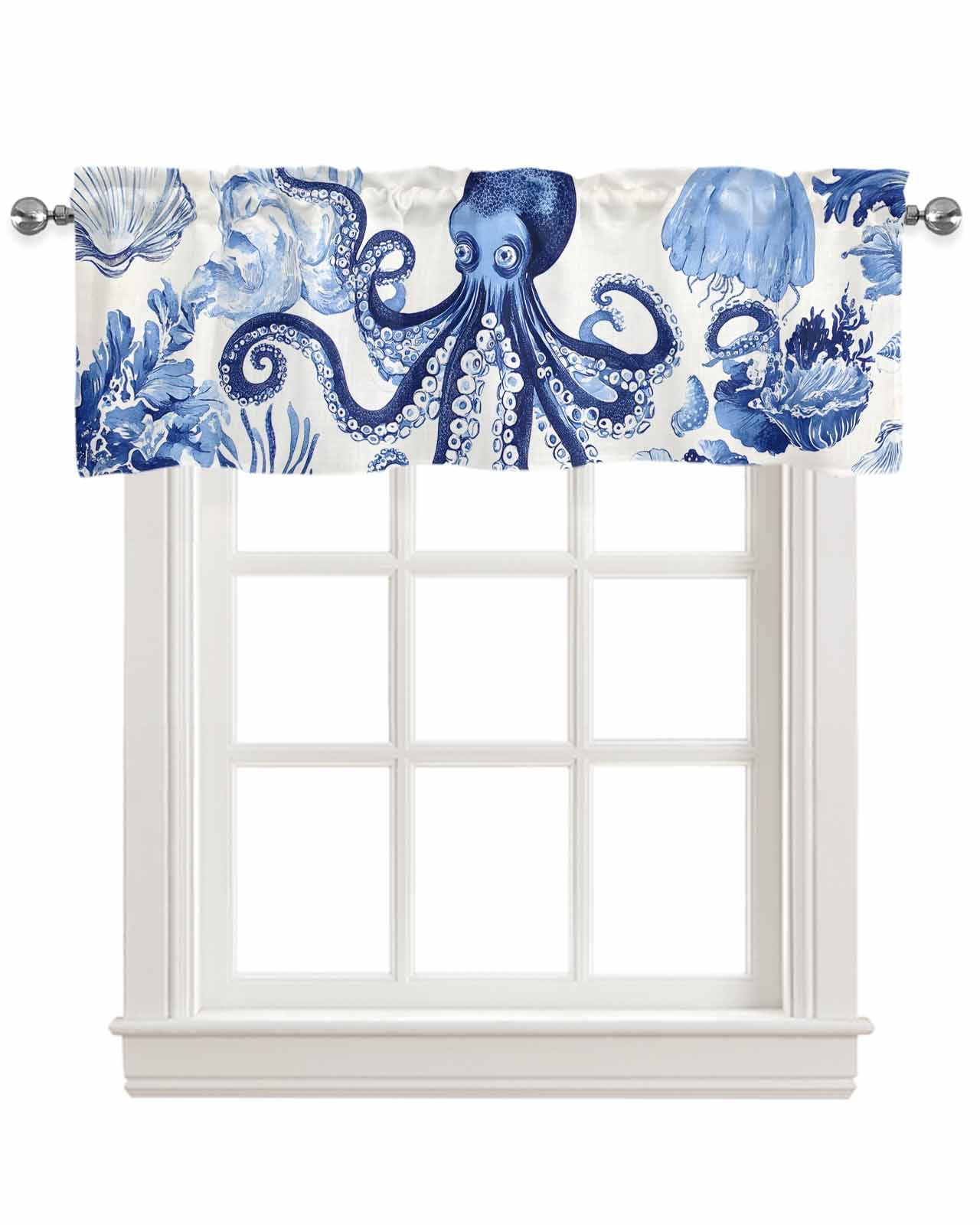 Navy Blue Octopus Coastal Kitchen Valances for Windows Farmhouse Linen ...