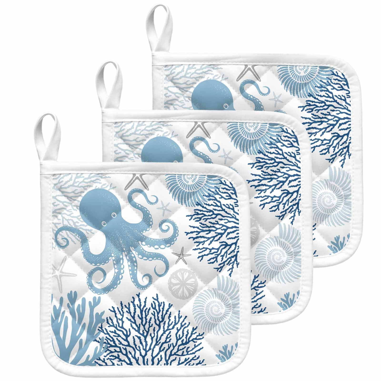 Navy Blue Octopus Coastal Pot Holders for Kitchen Heatproof Potholder ...